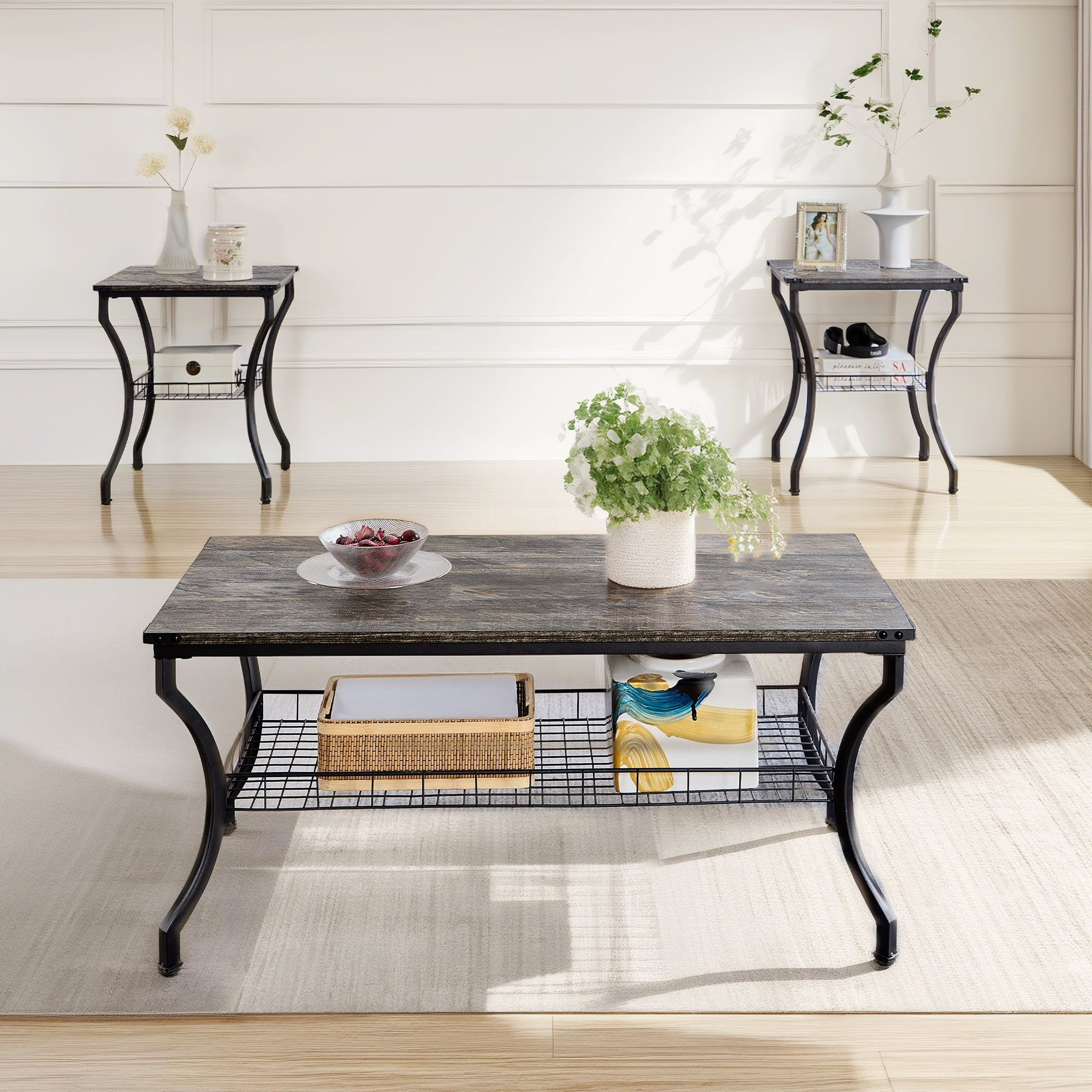 Vecelo 3 Piece Vintage Coffee Table Set With Storage Oak Gray