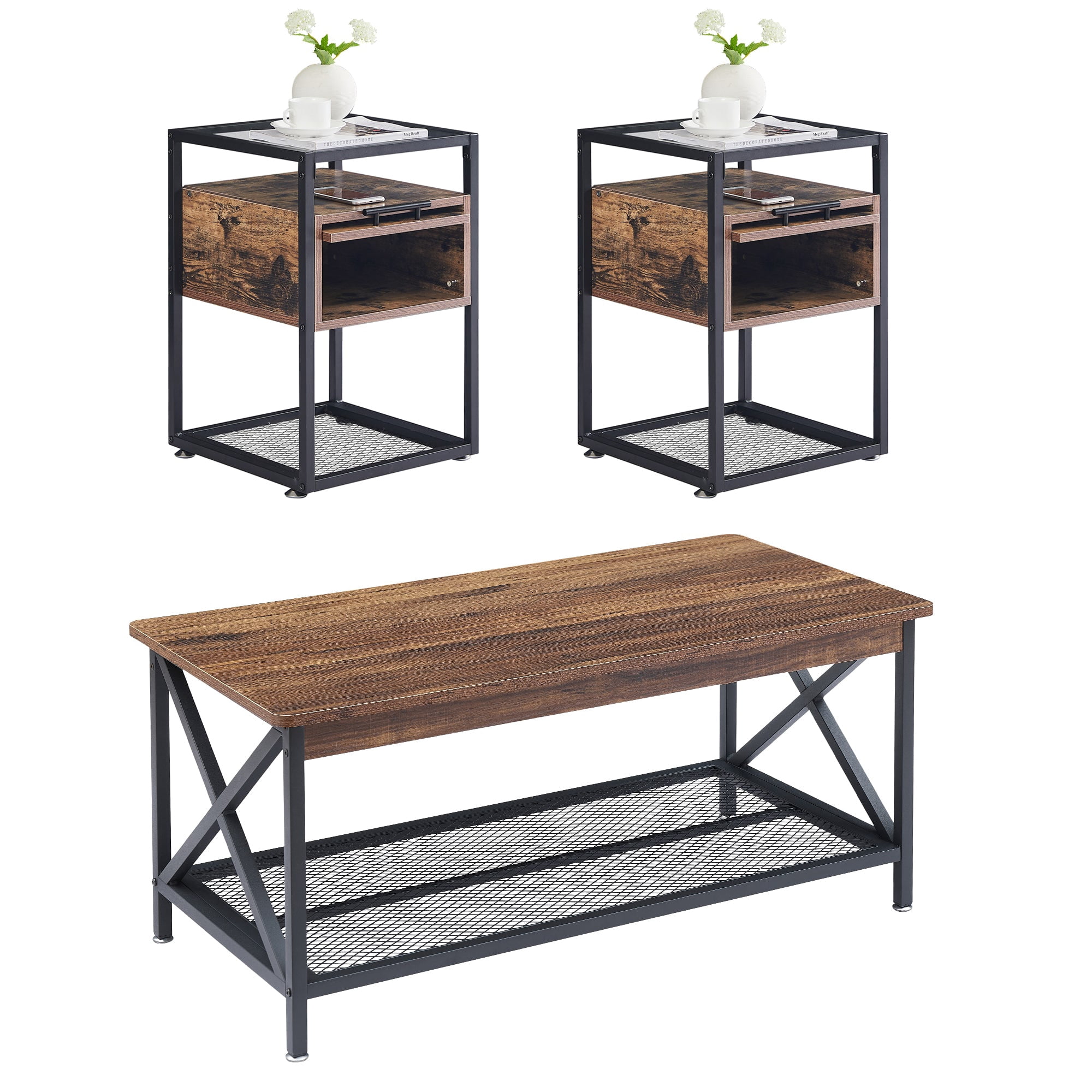 VECELO 3-Piece Occasional Coffee Table Sets for Living Room, Industrial ...