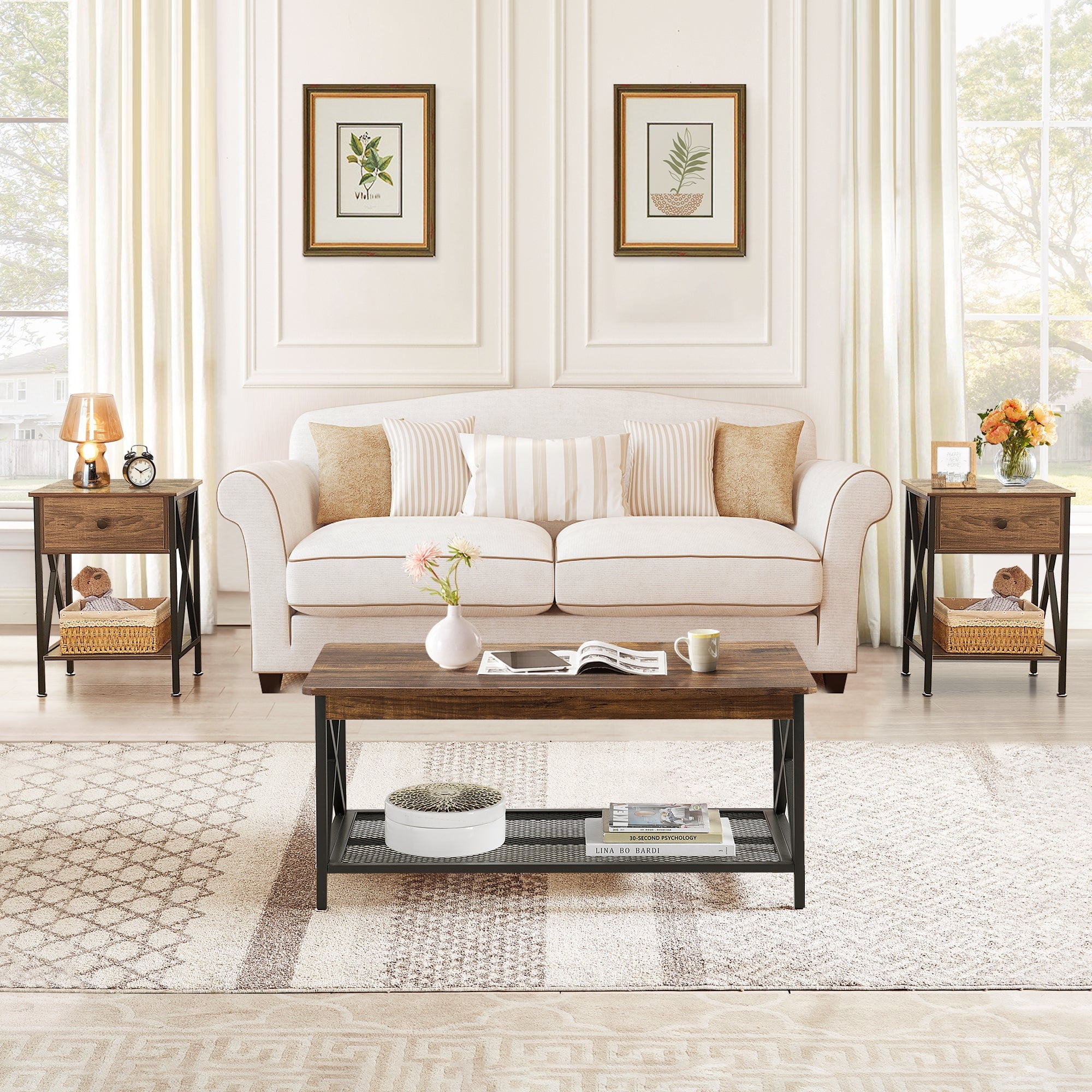 VECELO 3-Piece Living Room Table Set: Coffee Table + 2 End Tables ...