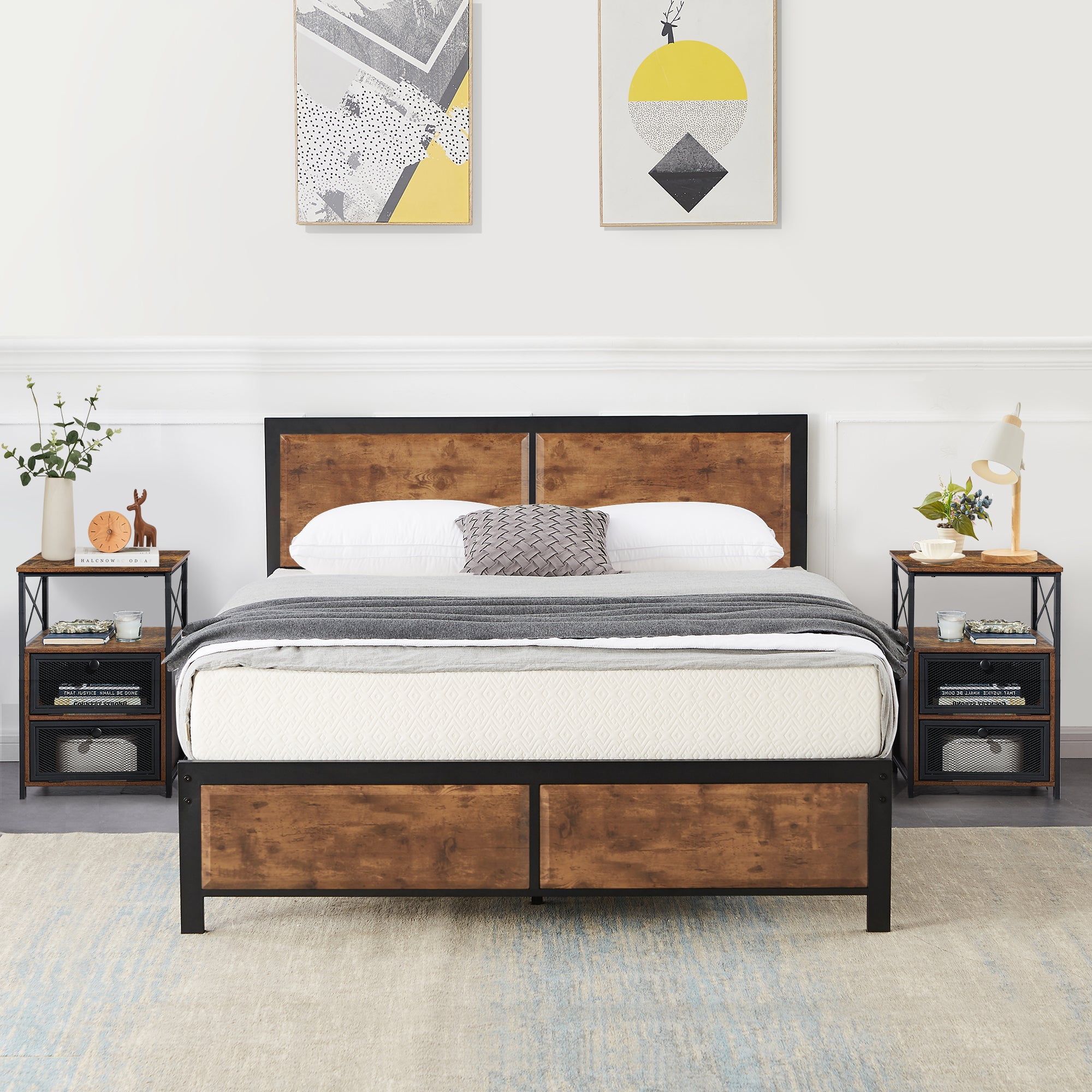 VECELO 3-Piece Queen Bedroom Sets with Wooden Headboard Bed Frame and 2 ...