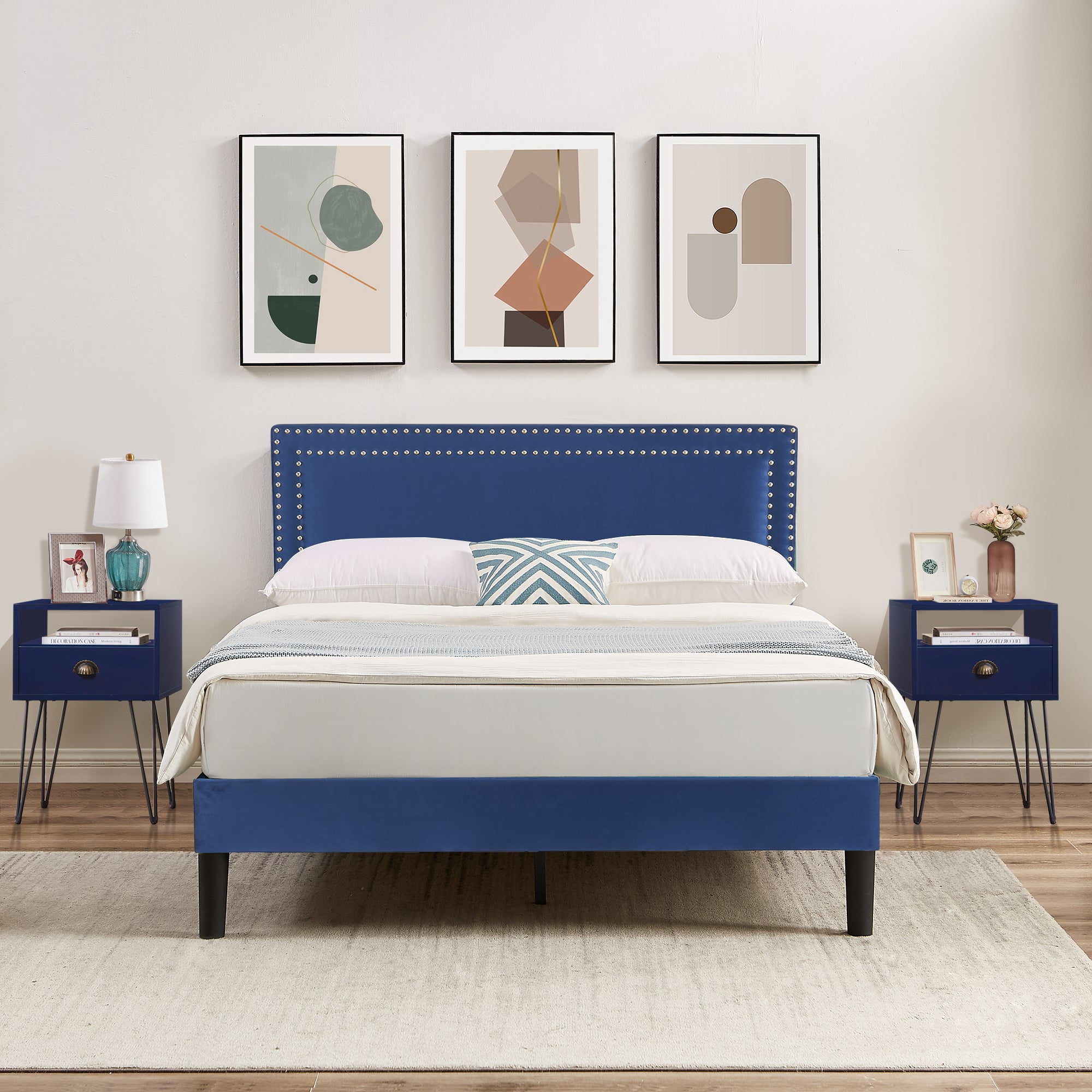 VECELO 3-Pieces Bedroom Sets Full Size Upholstered Platform Bed with ...