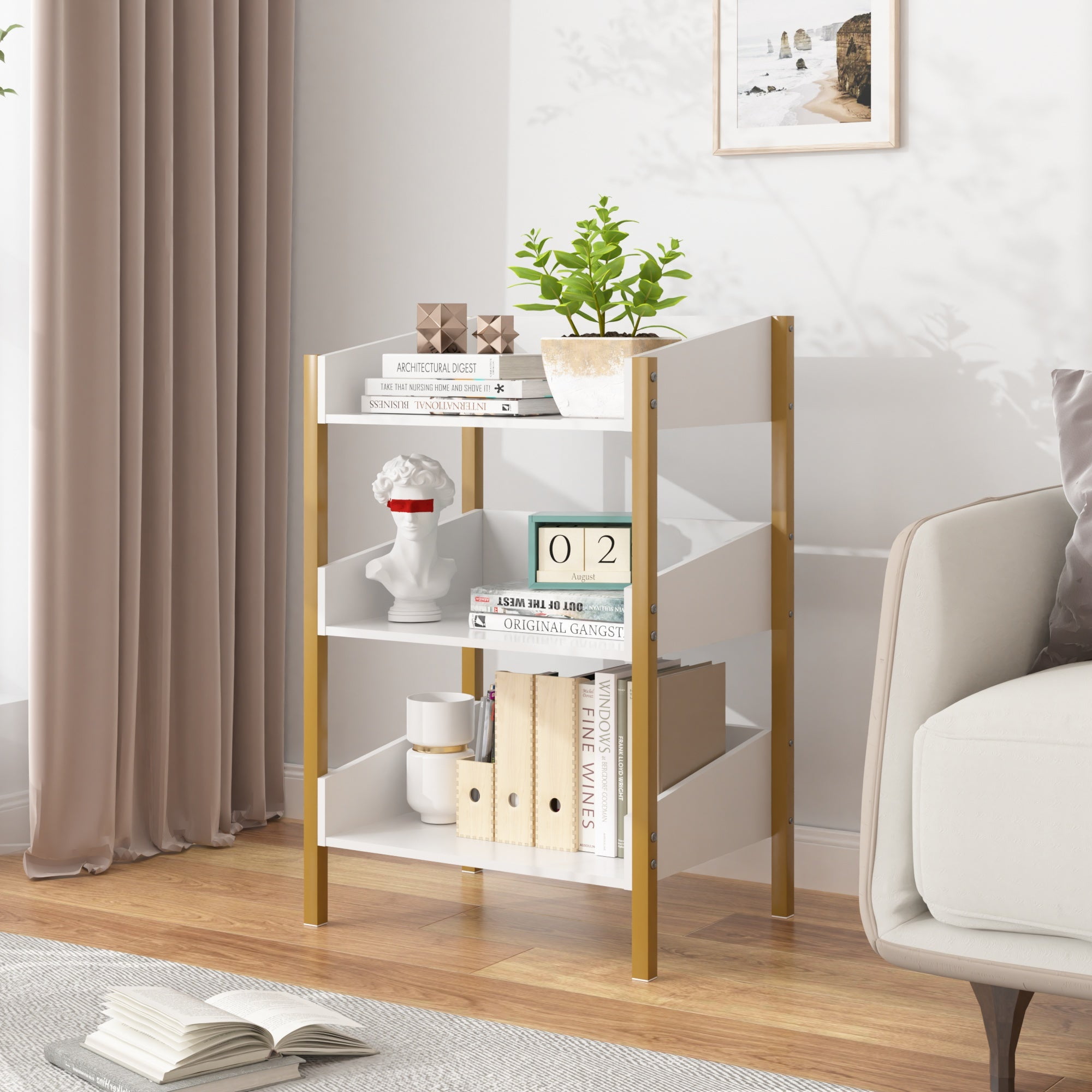 VECELO 3 Tier Bookshelf, Metal & Wood Small Bookcase, Narrow Bookshelf ...