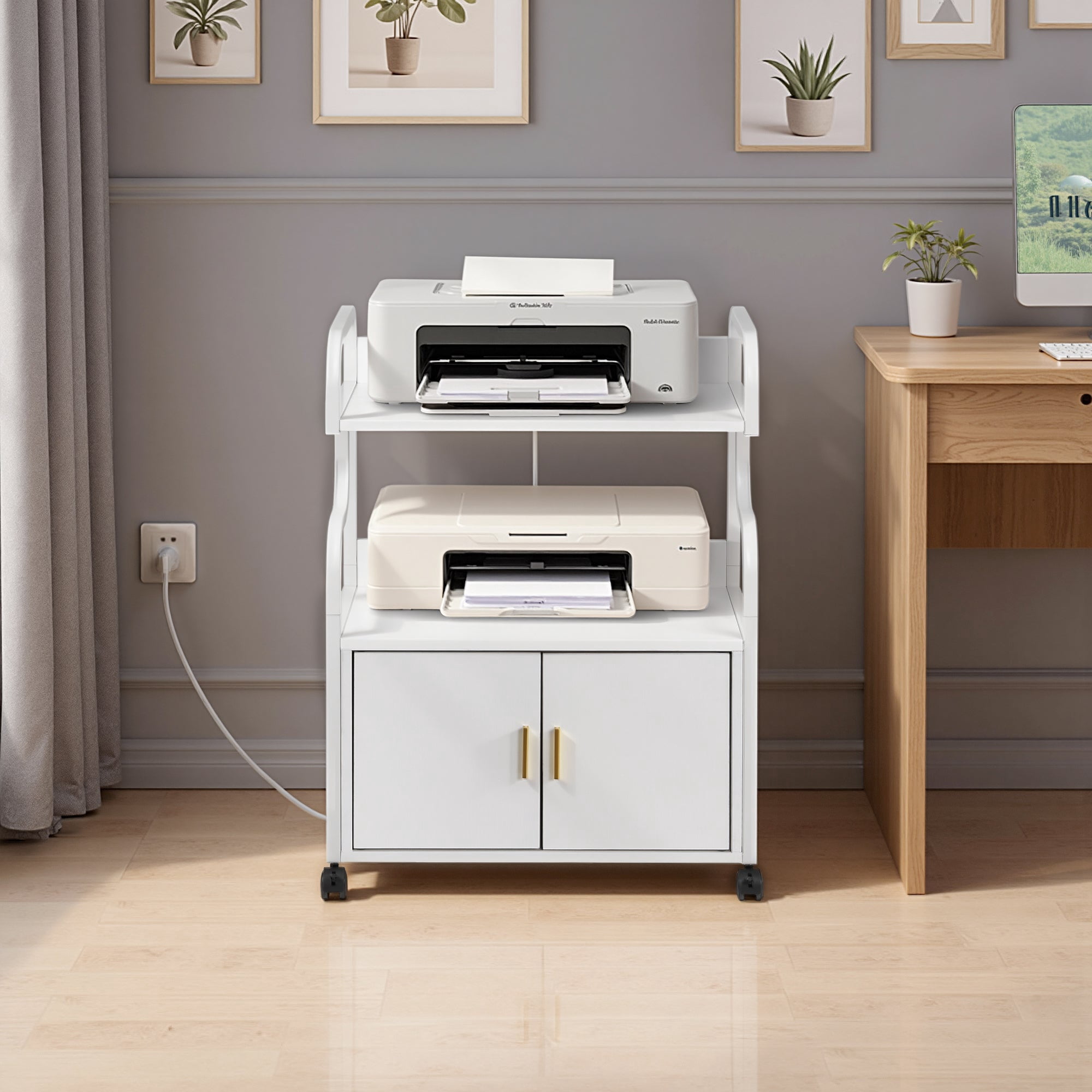 VECELO 3-Tier Printer Stand with Cabinet and Power Outlet, Large ...