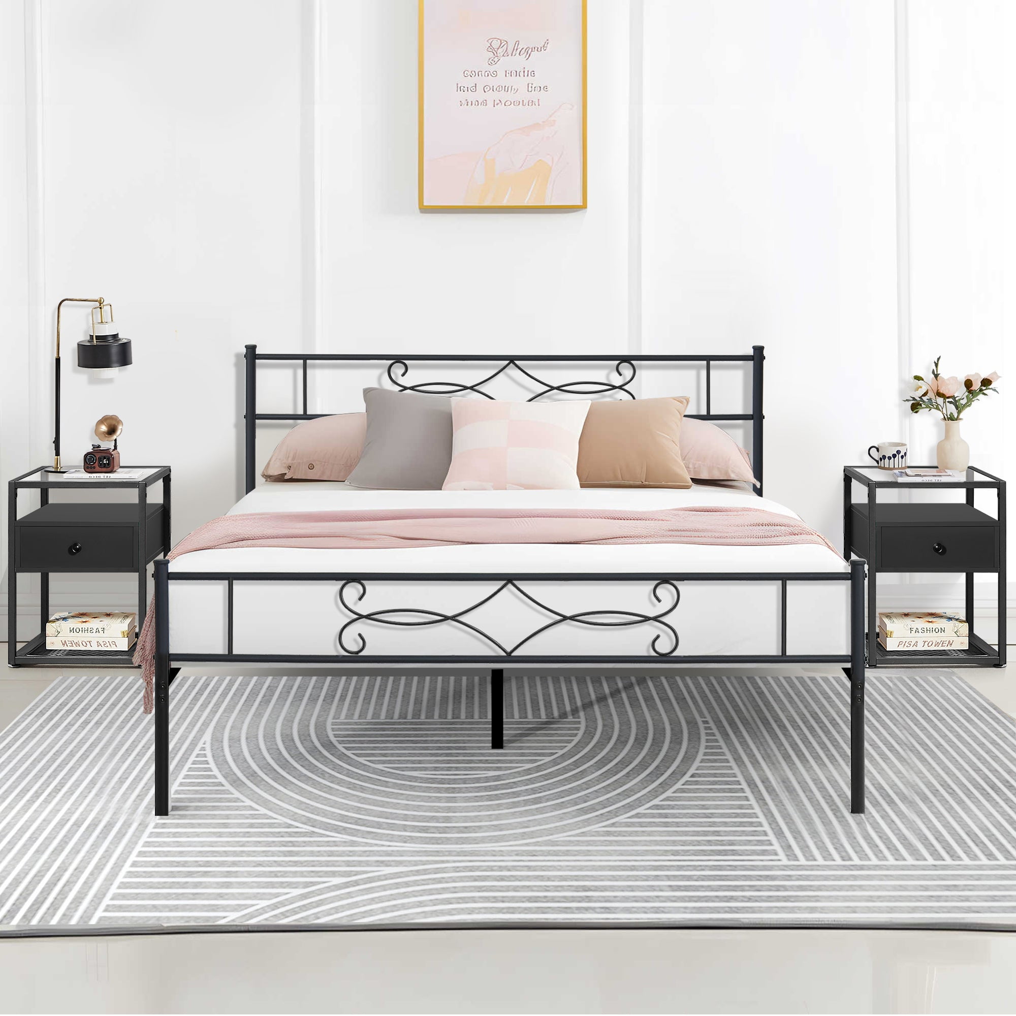 VECELO 3-piece Bedroom Set, Full Bed Frame with Headboard, Nightstand ...