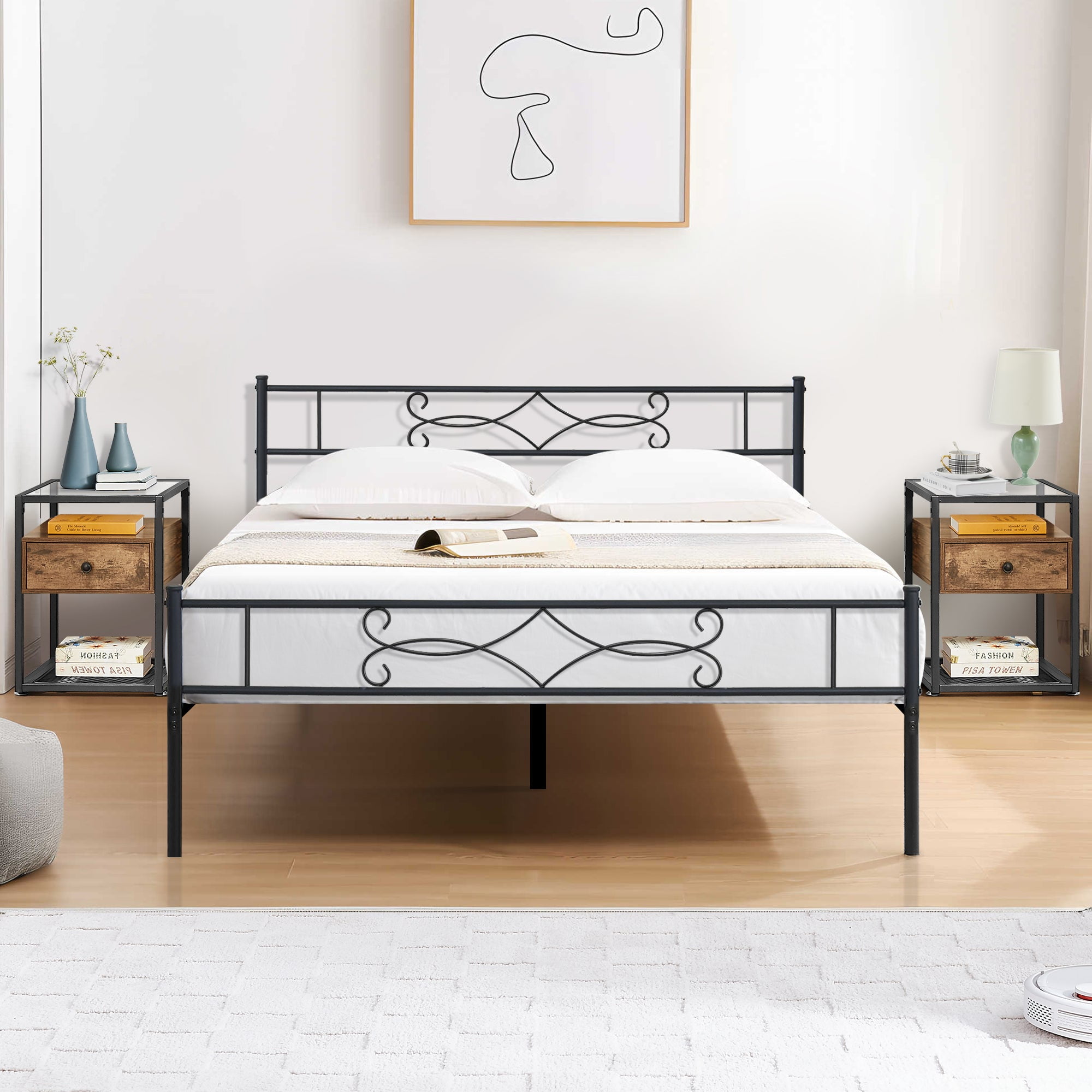 VECELO 3-piece Bedroom Set, Full Bed Frame with Headboard, Nightstand ...