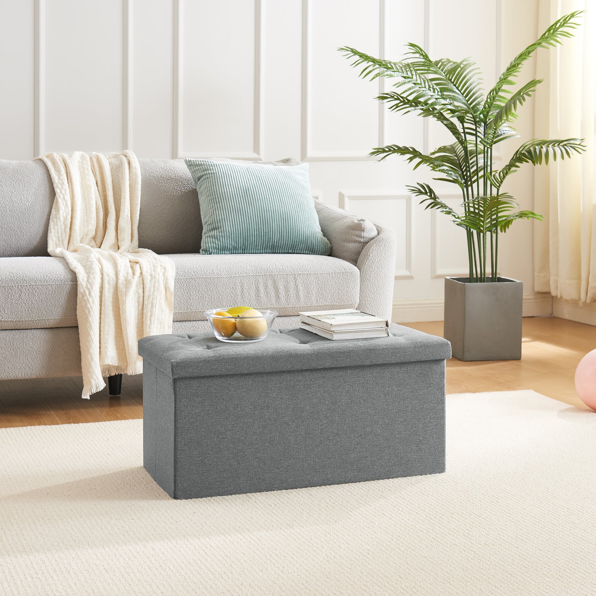 VECELO 30" Foldable Tufted Linen Ottoman, Storage Bench Foot Rest Stool ...