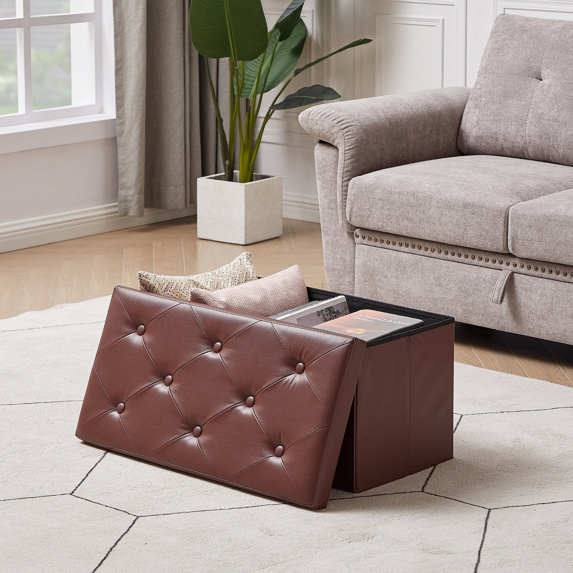 VECELO 30" Folding Storage Ottoman Bench, Faux Leather Footrest Couch ...