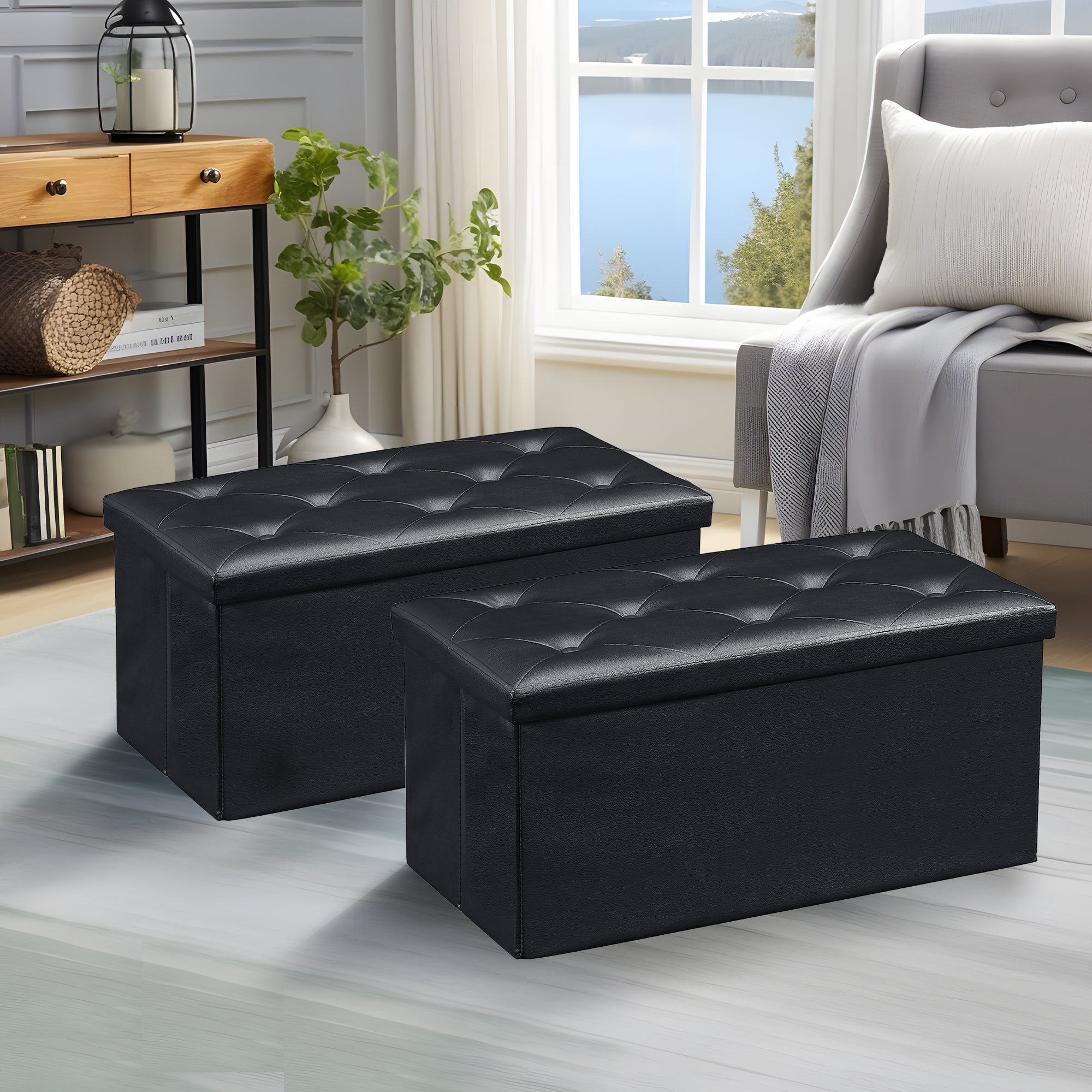 VECELO 30" Folding Storage Ottoman Bench, Set of 2, Faux Leather ...