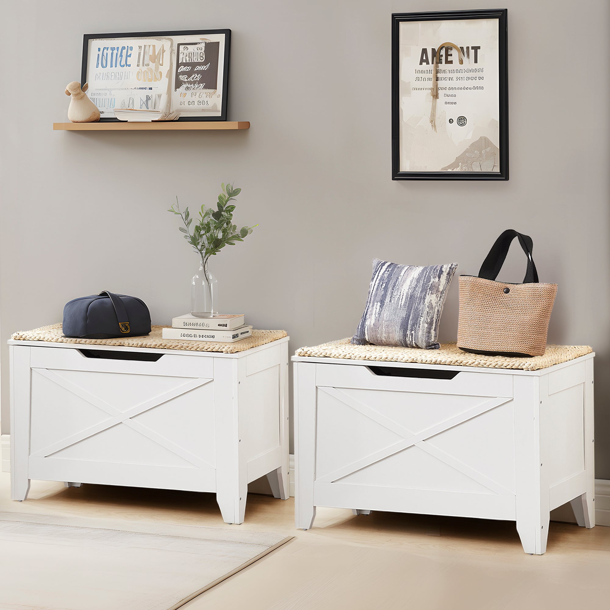 VECELO 30" Set of 2 Storage Bench with U-Shaped Cut-Out Pull, Wooden ...