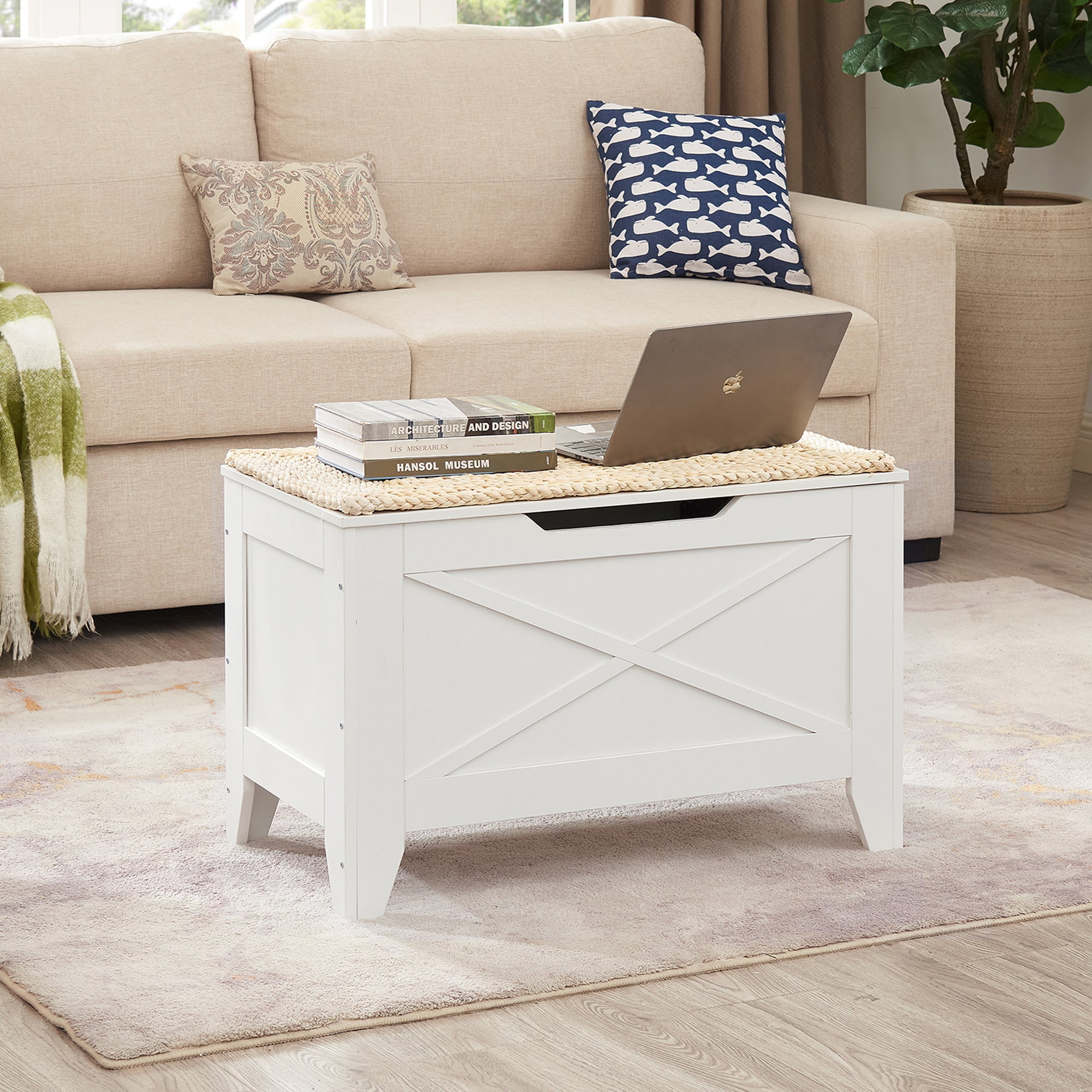 VECELO 30 in Storage Ottoman Bench with U-Shaped Cut-Out Pull, Wooden ...