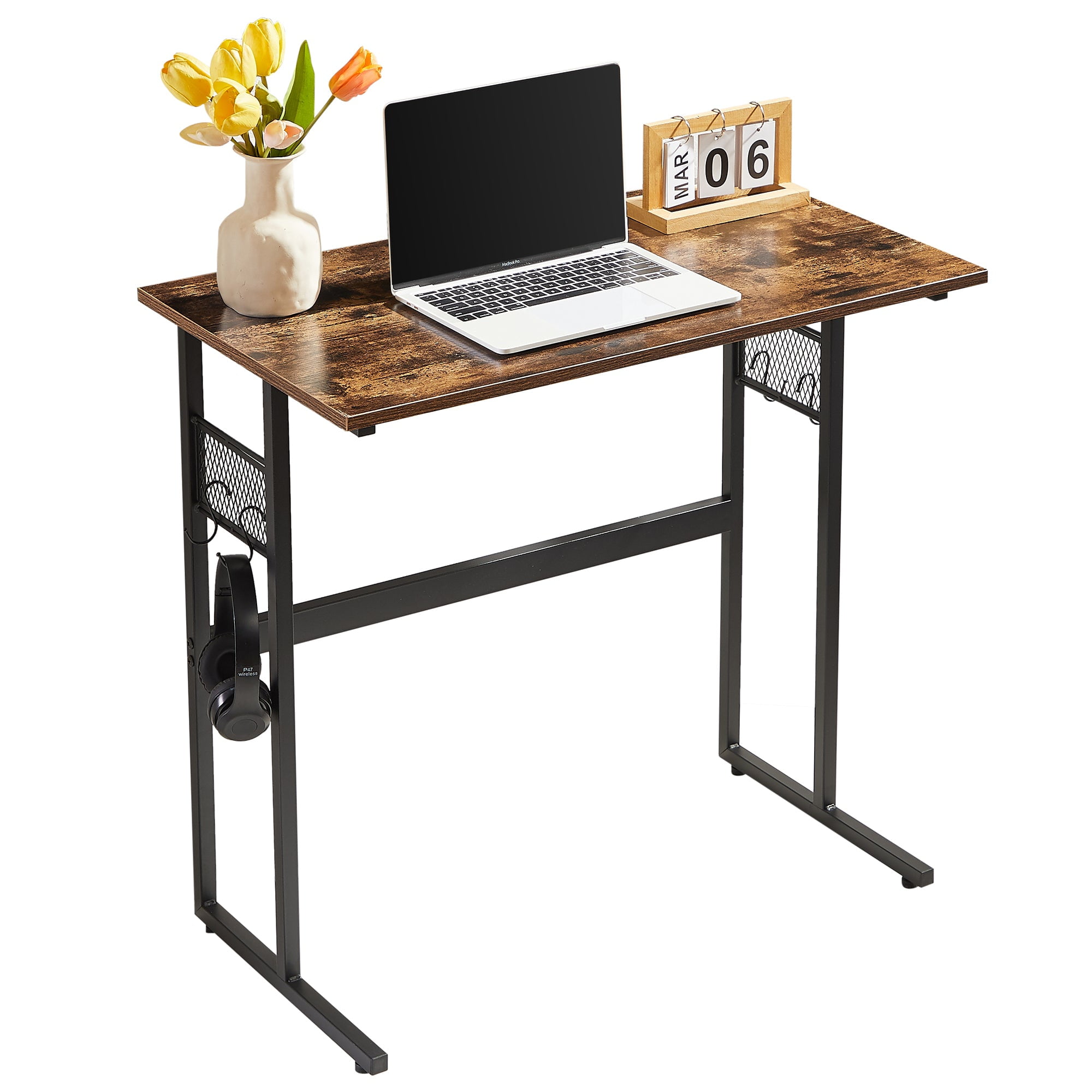 VECELO 31.49 Inch Home Office Laptop Desk with Headphone Hook, Brown ...