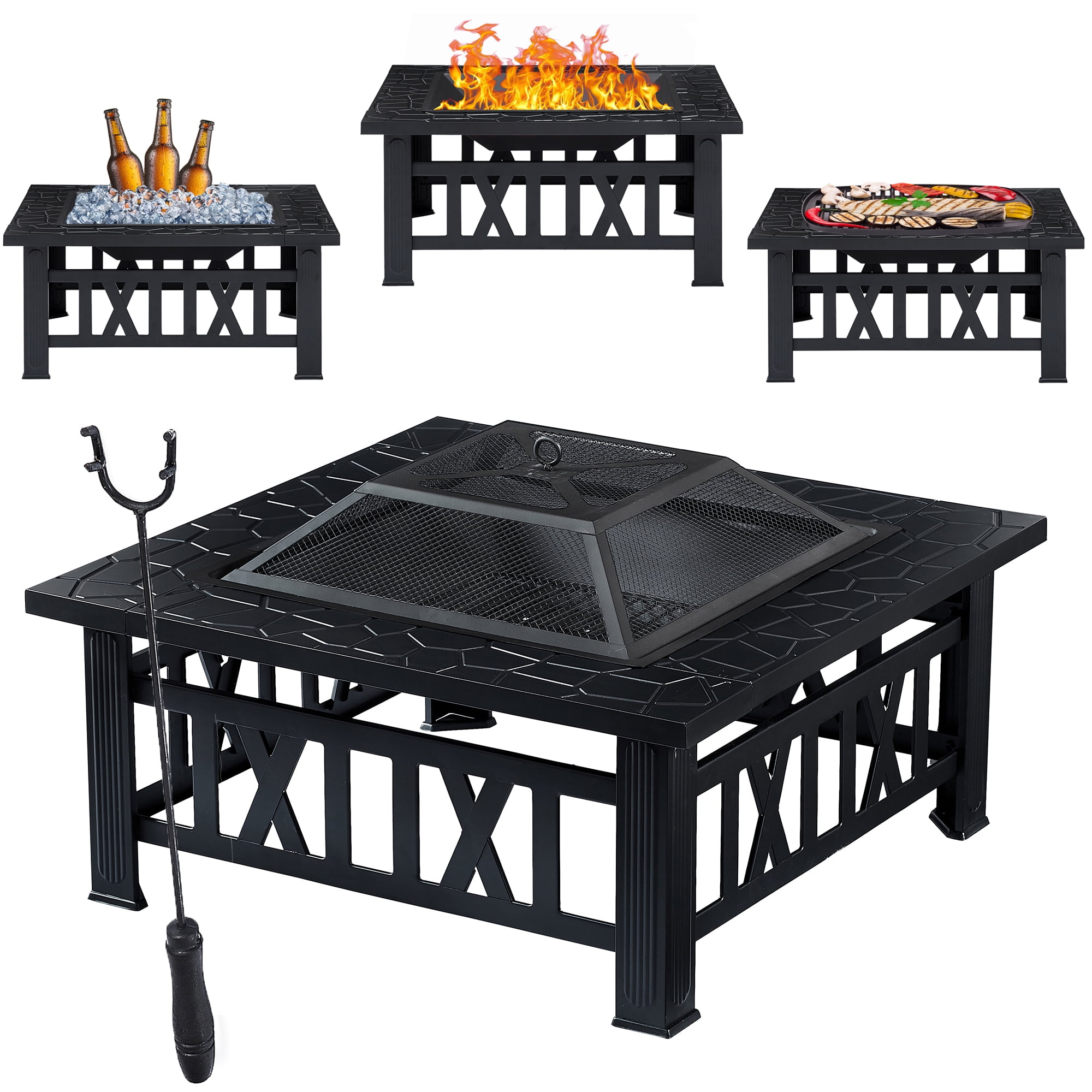VECELO 32" Outdoor Fire Pit Table, Multifunctional Square Fireplace ...