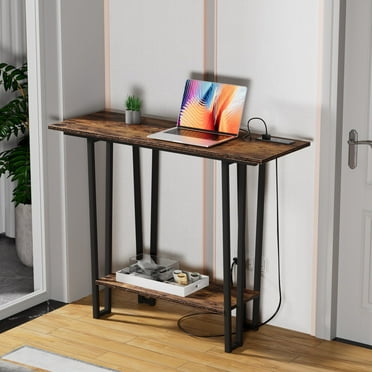 DecorTech Industrial Rectangular Wood Console Table with AC Power and ...