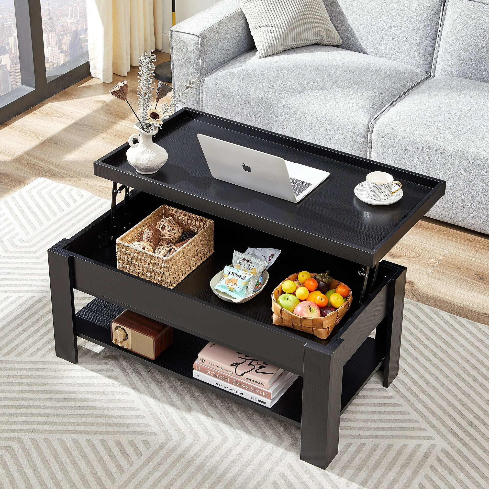VECELO 39" Wood Lift Top Coffee Table, Rising Center Table with Hidden ...
