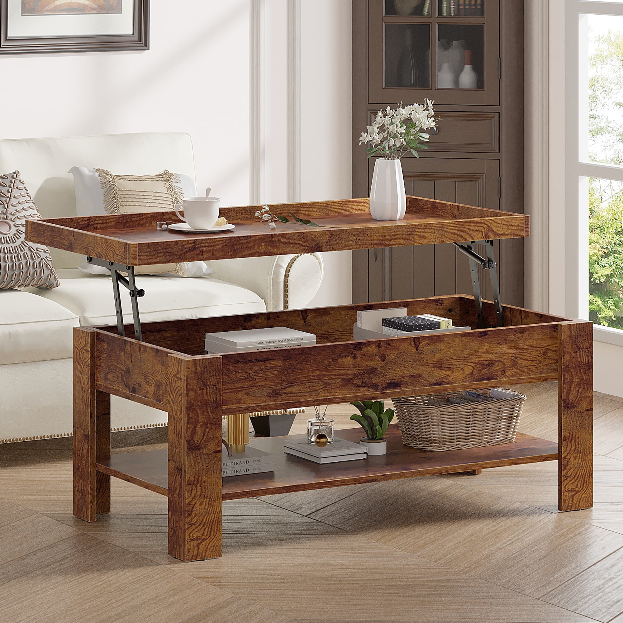 VECELO 39" Wood Lift Top Coffee Table, Rising Center Table with Hidden ...