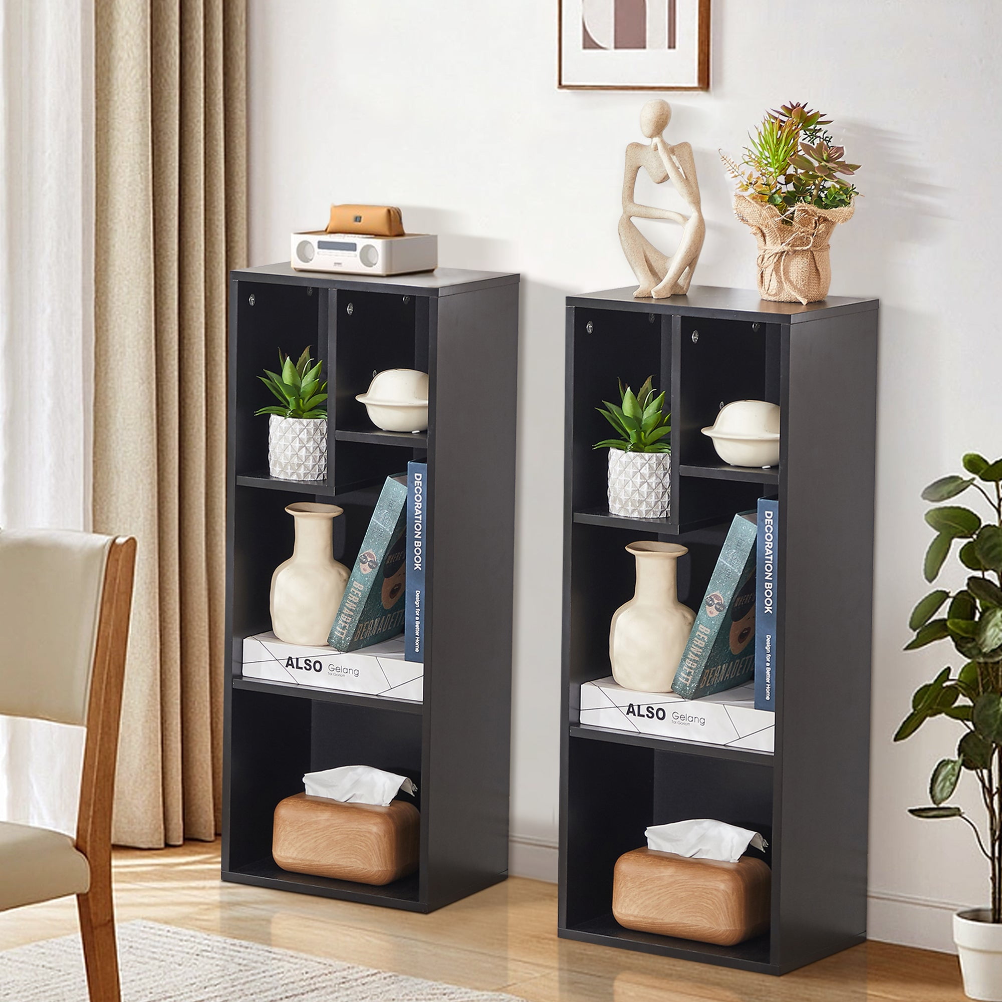 VECELO 4 Cubes Bookcase Set of 2, Modern 3-Tier Storage Organizer Wood ...