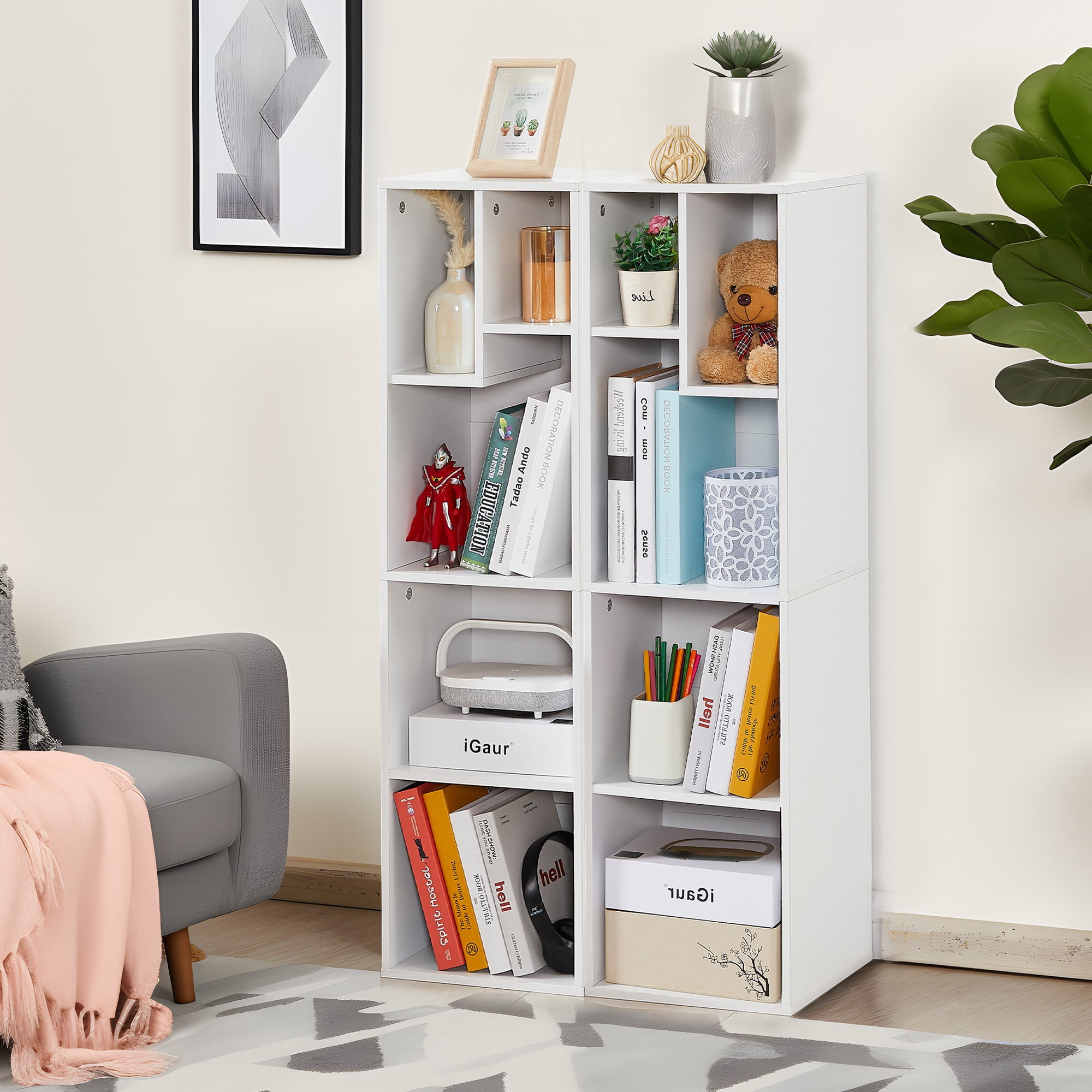VECELO 4 Cubes Bookcase, 3-Tier Wooden Storage Organizer, Modern White ...