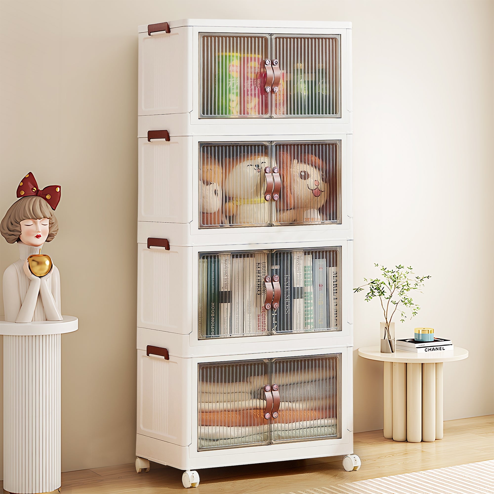 VECELO 4-Pack Folding Storage Bins with Lids & Wheels, Stackable ...