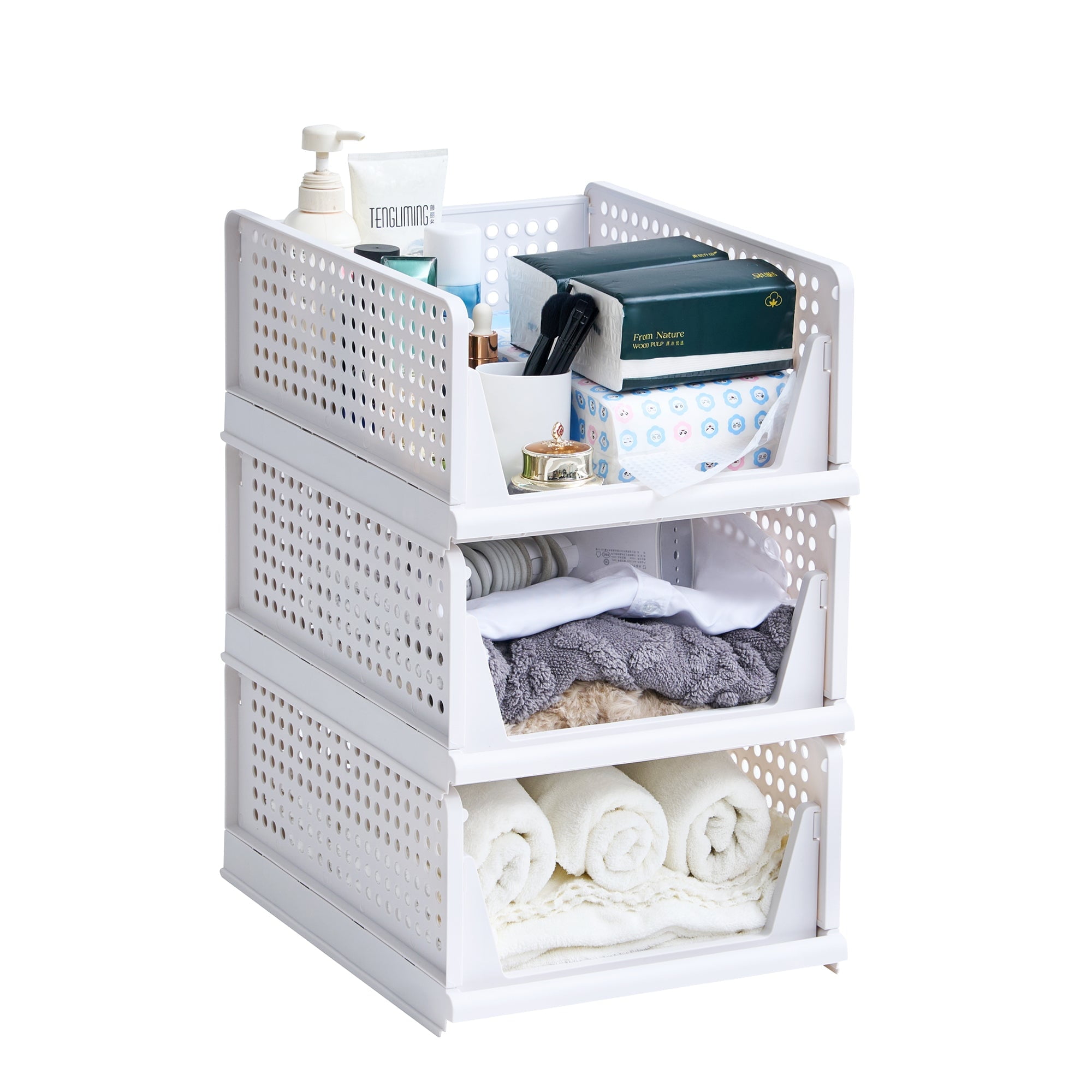 VECELO 4 Pack Stackable Plastic Storage Basket, L-Size Foldable Closet ...