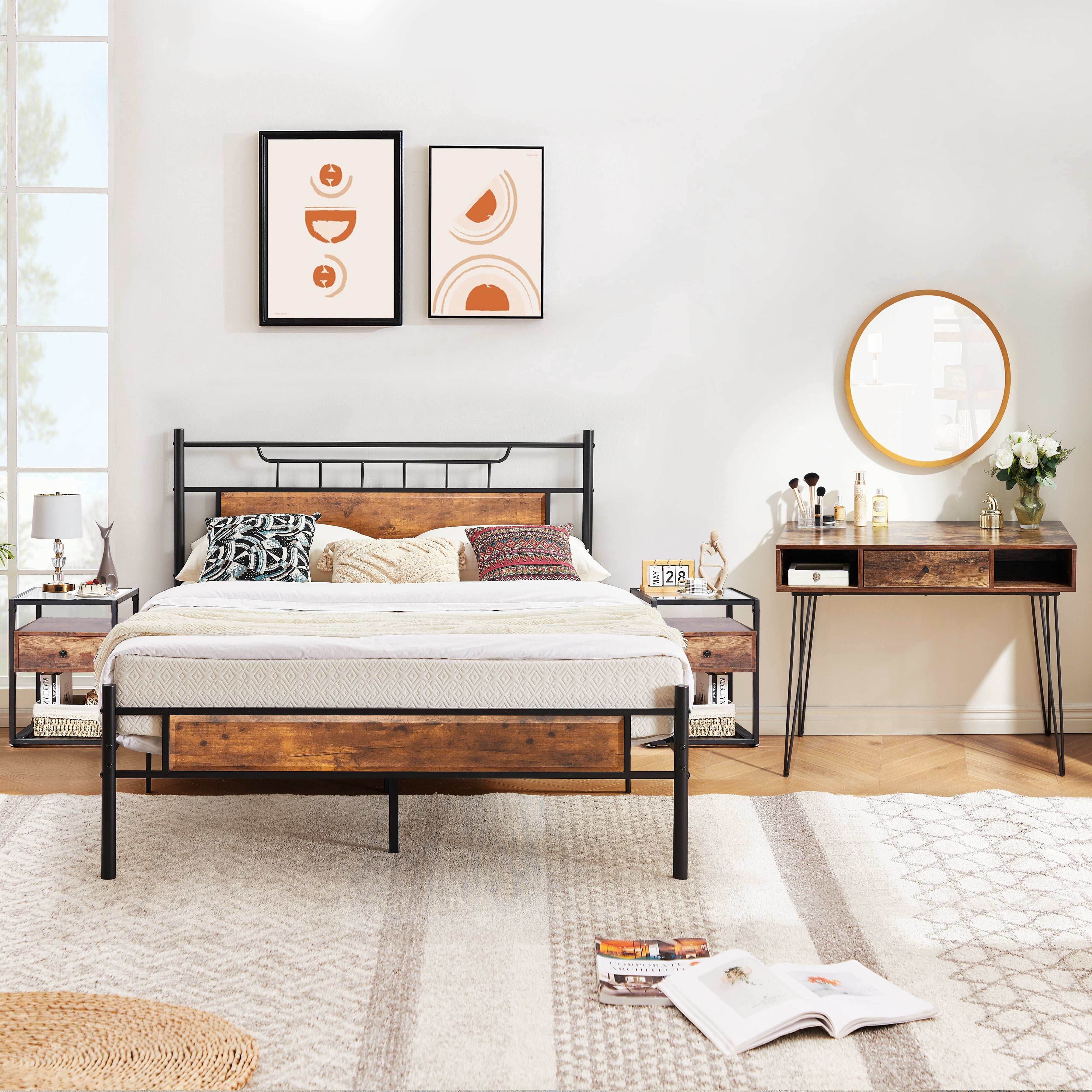 VECELO 4-Piece Bedroom Set with Full Bed Frame & Cosmetic Table & Two ...