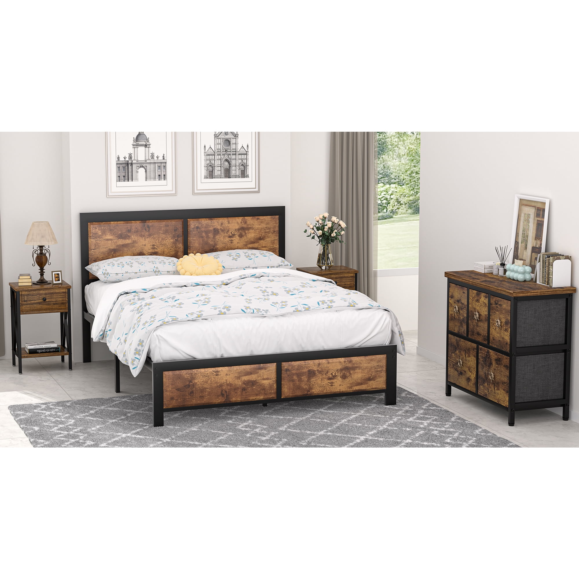 VECELO 4-Piece Bedroom Set, Full Size Platform Bed Frame, 5-Drawer ...