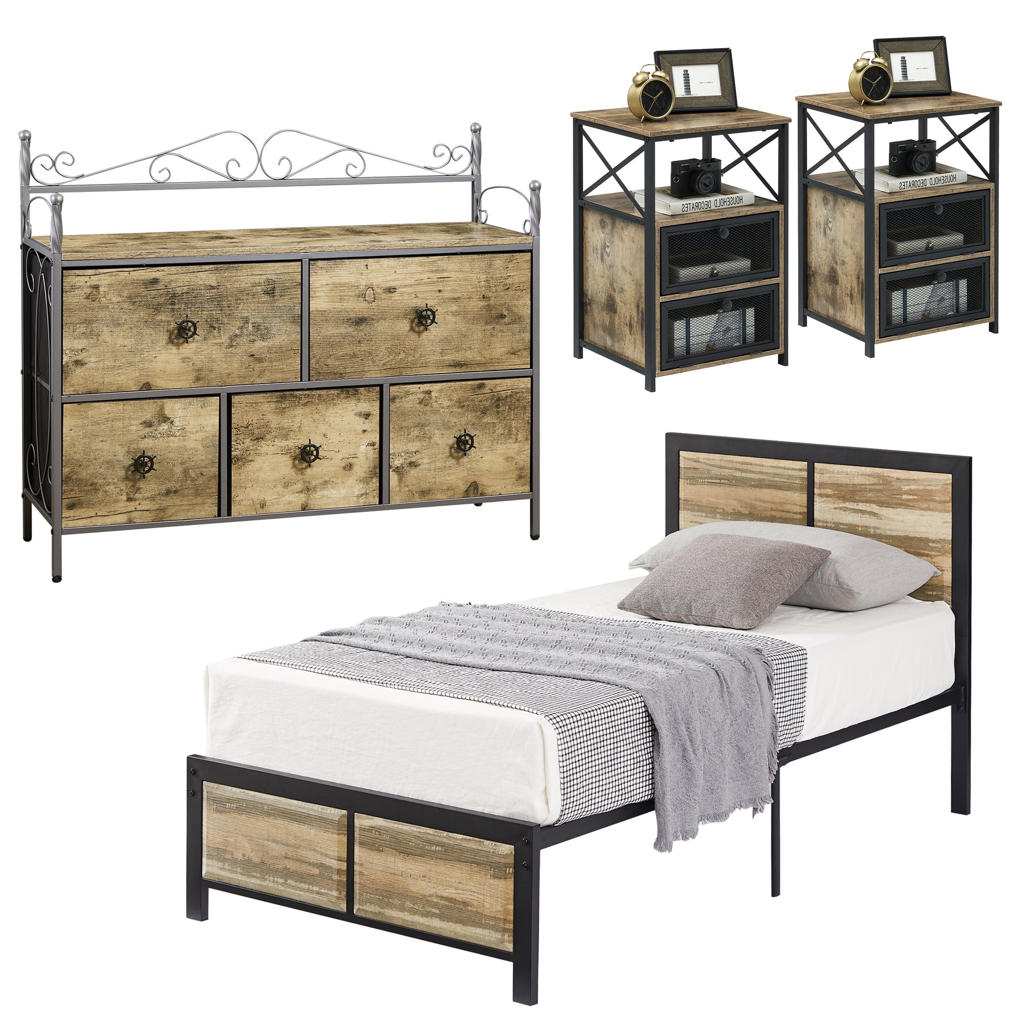 VECELO 4-piece Small Twin Bedroom Set with Storage Bed Frame, 5-drawer ...