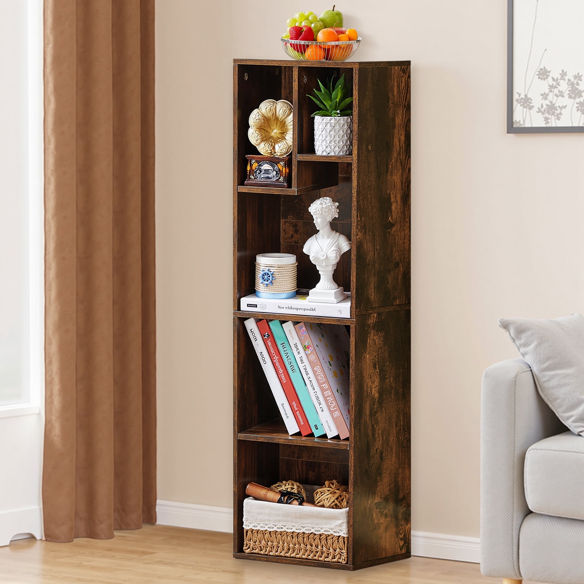 VECELO 4-Shelf Wood Bookcase with Adjustable Shelves, Brown - Walmart.com
