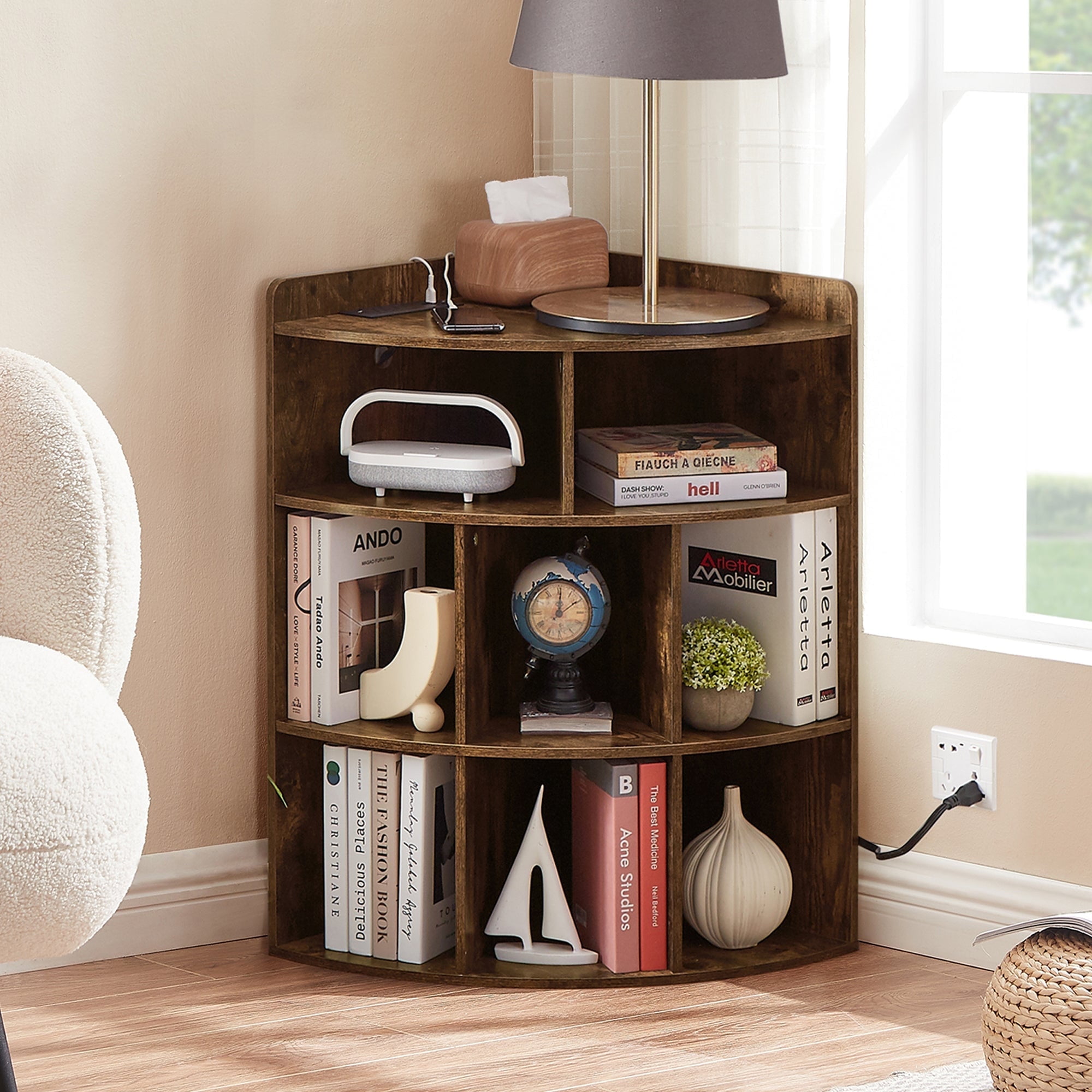 VECELO 4-Tier Corner Bookcase, Brown, Living Room Storage with Charging ...