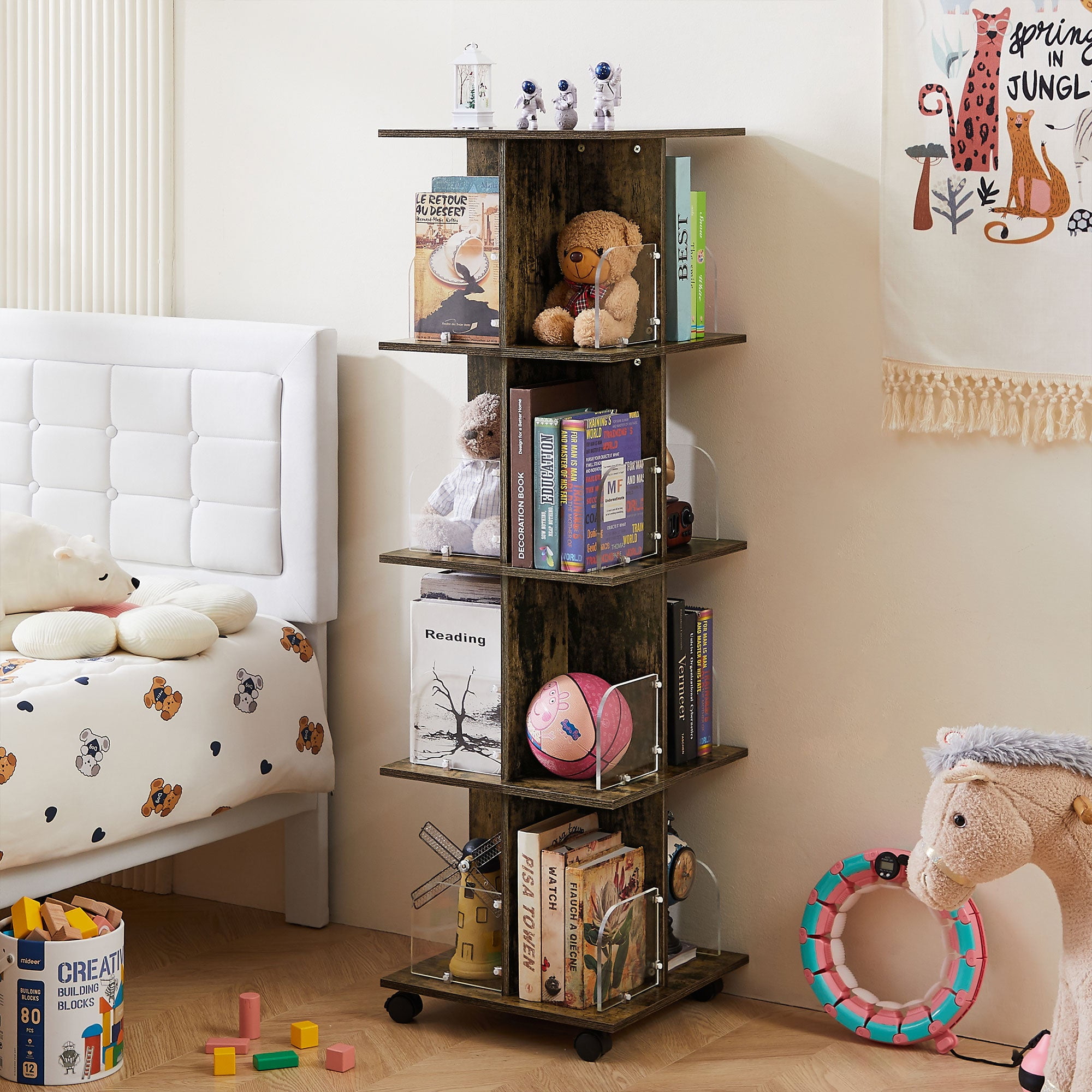 VECELO 4-Tier Bookcase with wheels, Modern Square Bookshelf for Bedroom ...