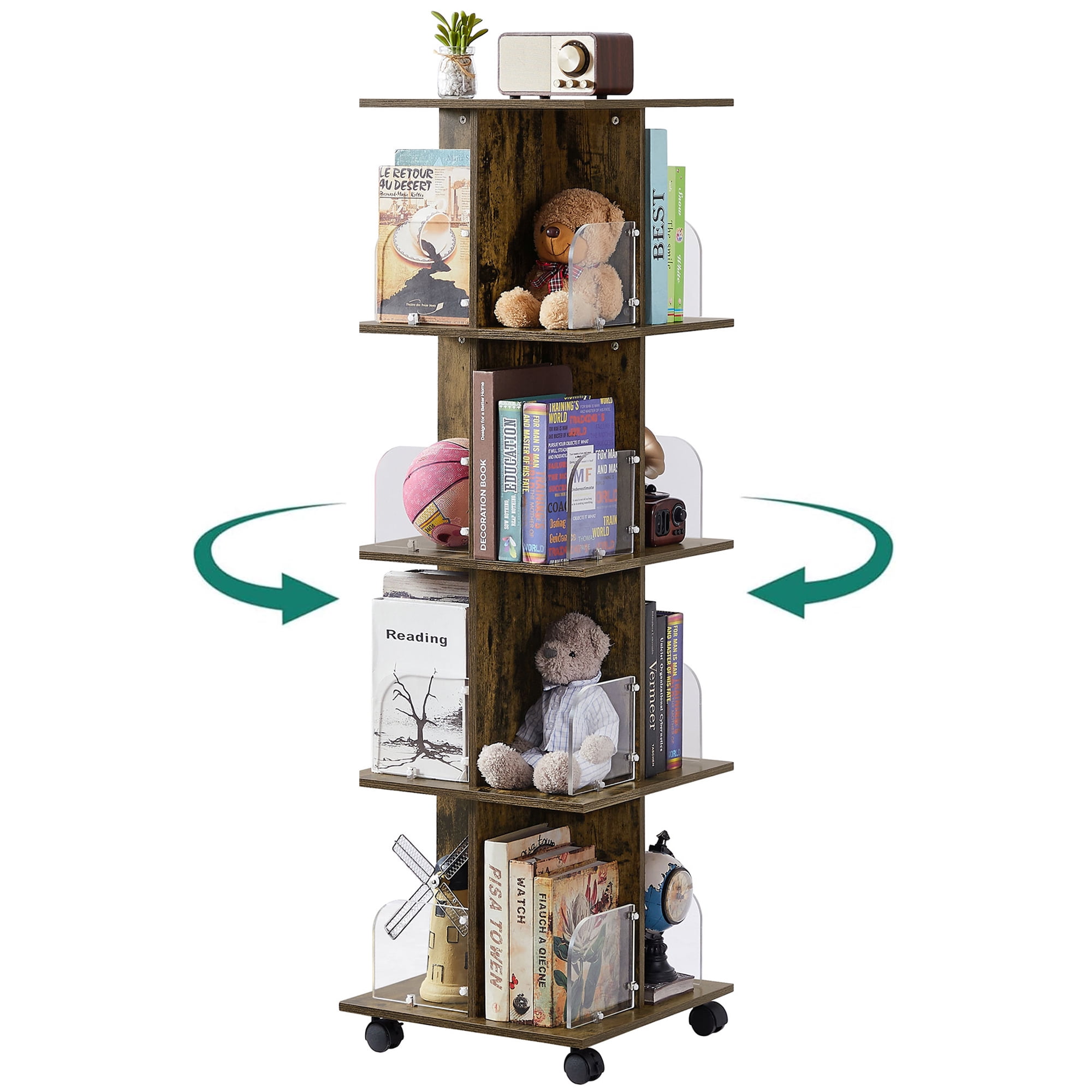 VECELO 4-Tier Rolling Bookshelf, Wood Corner Bookcase Storage Rack ...