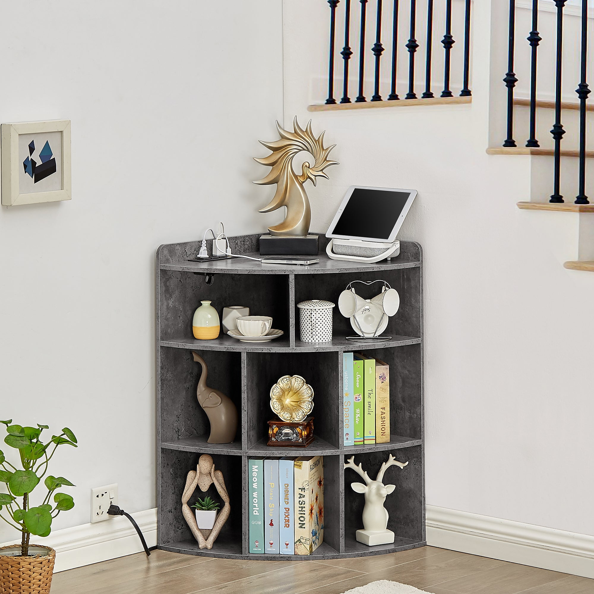 VECELO 4-Tier Wooden Corner Bookcase with Charging Station, Open ...