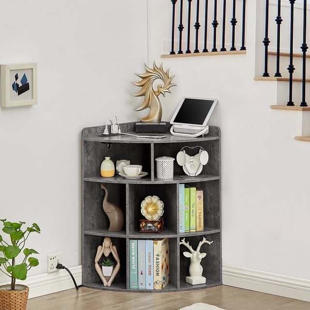 VECELO 4-Tier Wooden Corner Bookcase with Charging Station, Open ...