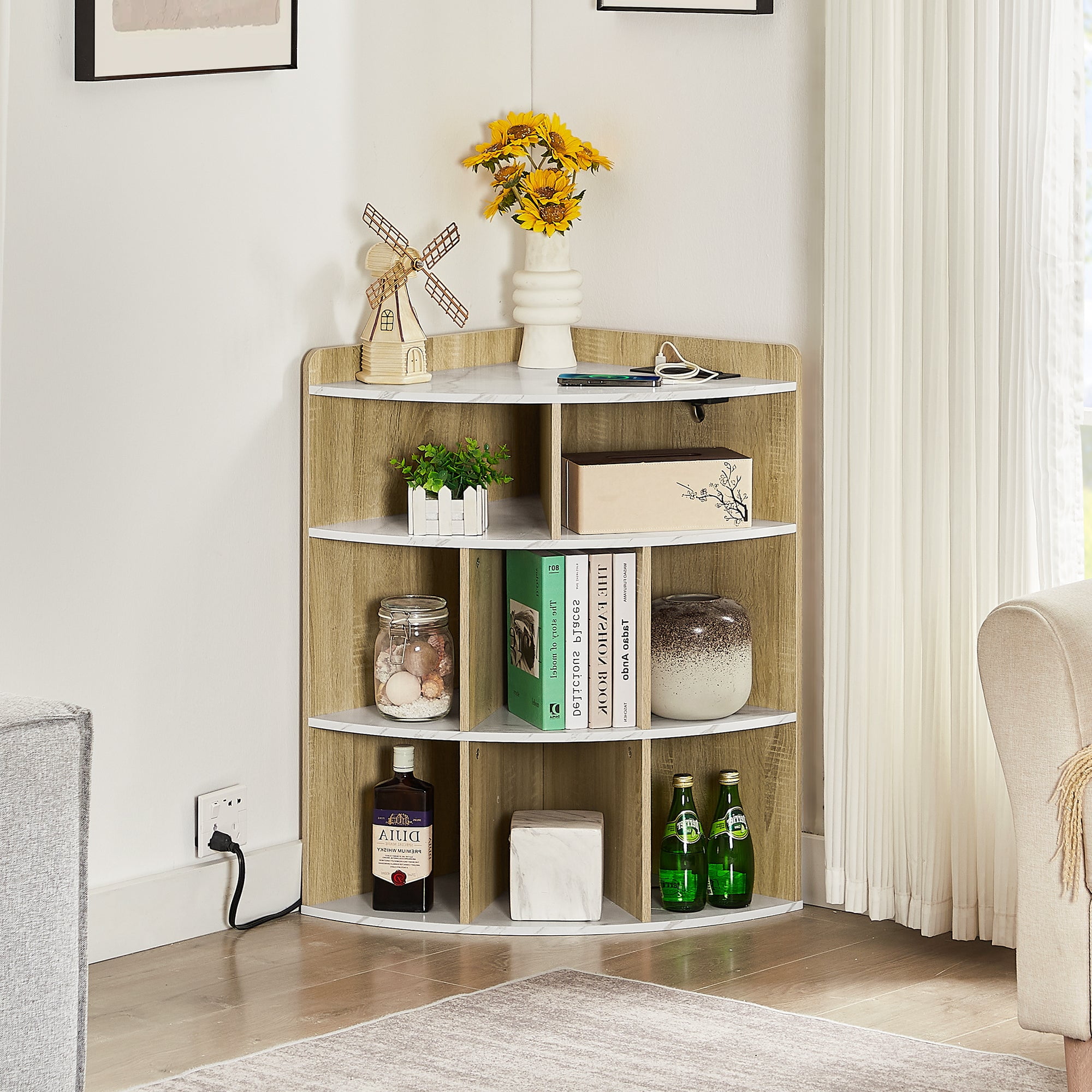 VECELO 4-Tier Corner Cabinet with Charging Station, 8-Cubby Wooden ...