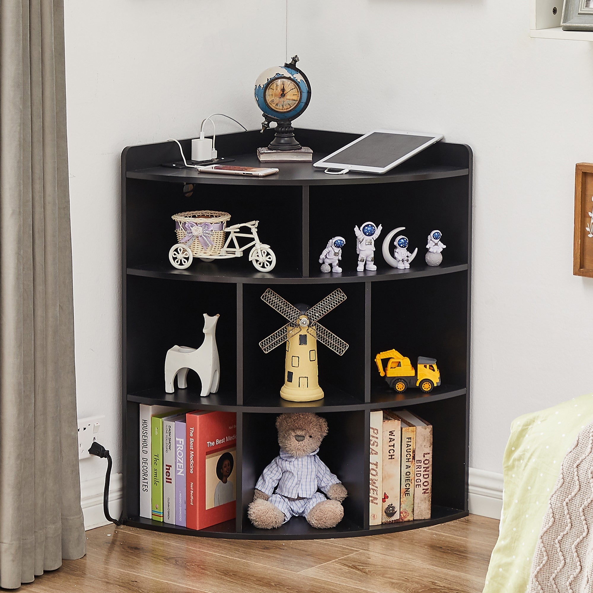 VECELO 4-Tier Corner Cabinet with Charging Station, Open Shelf Units ...