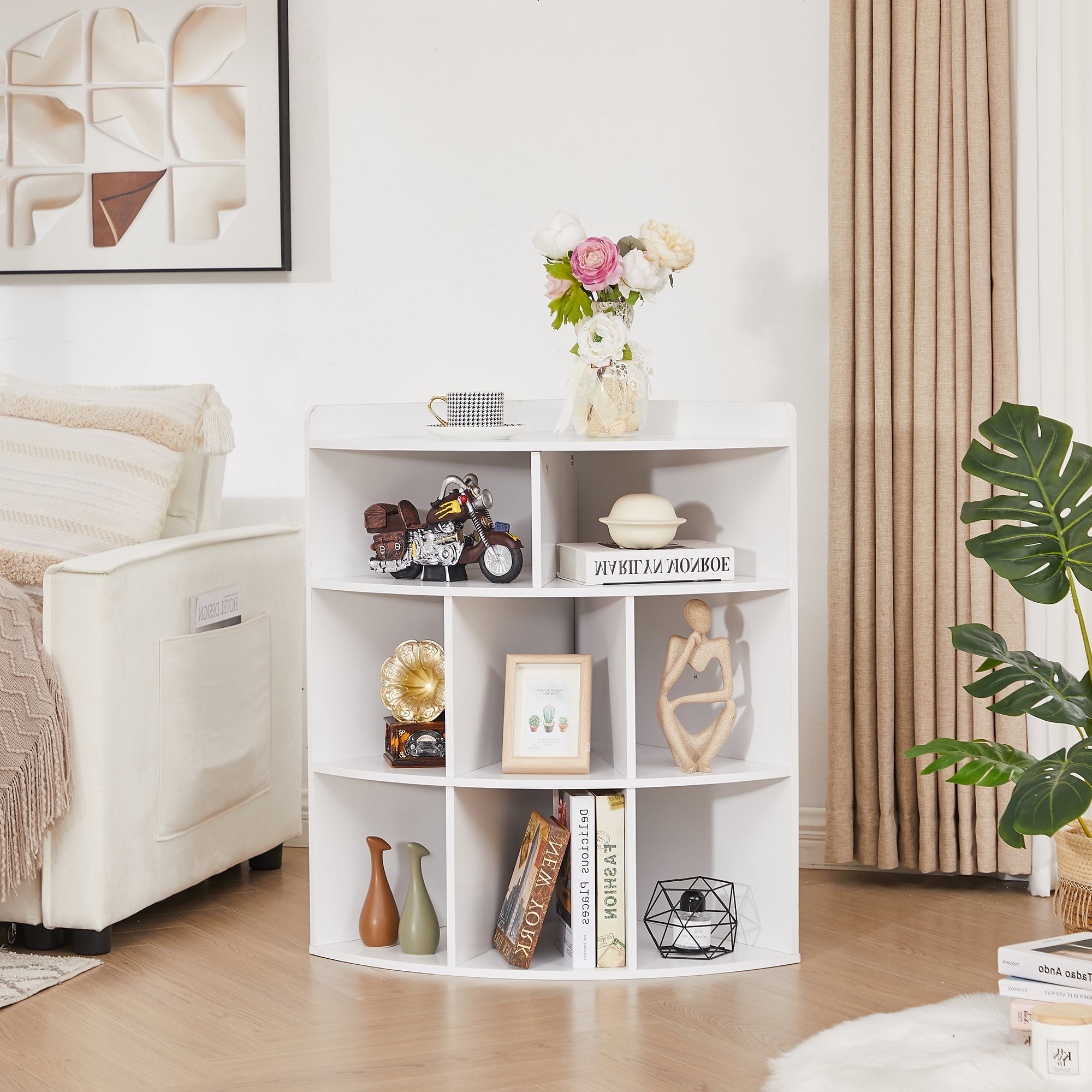 VECELO 4-Tier Corner Cabinet, Wooden Bookcases Bookshelf with 8-Cubby ...