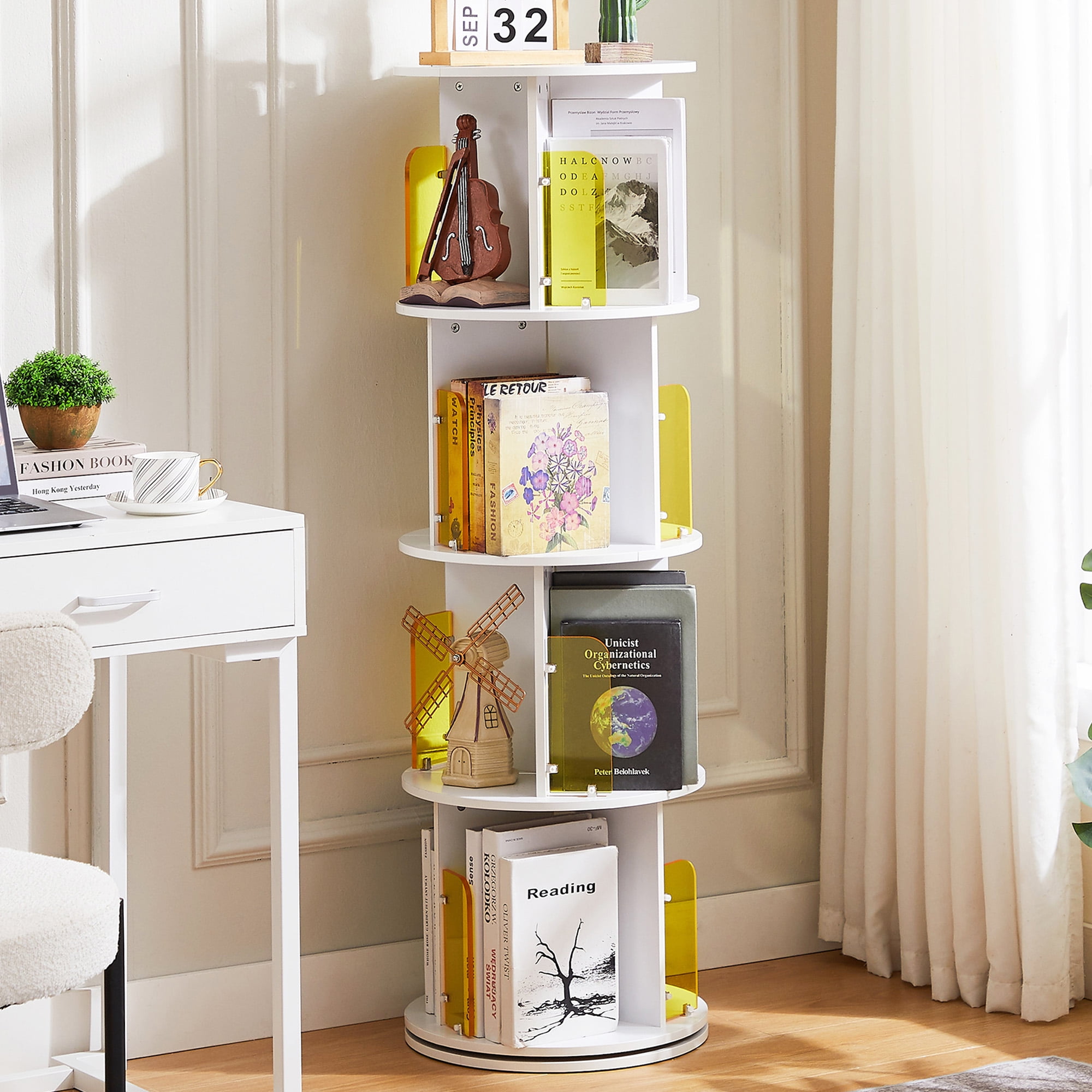 VECELO 4-Tier Rotating Bookshelf, 360° Floor Standing Wood Bookcase ...