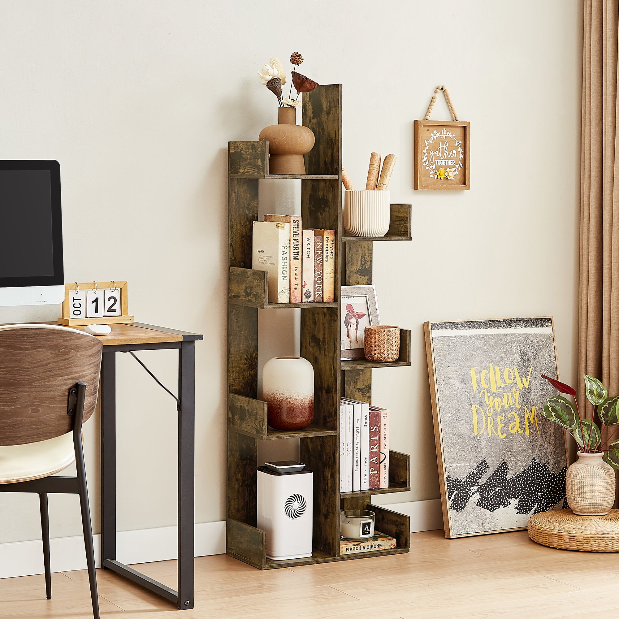 VECELO 4-tier Wooden Tree-Shaped Bookcase, Modern Freestanding ...