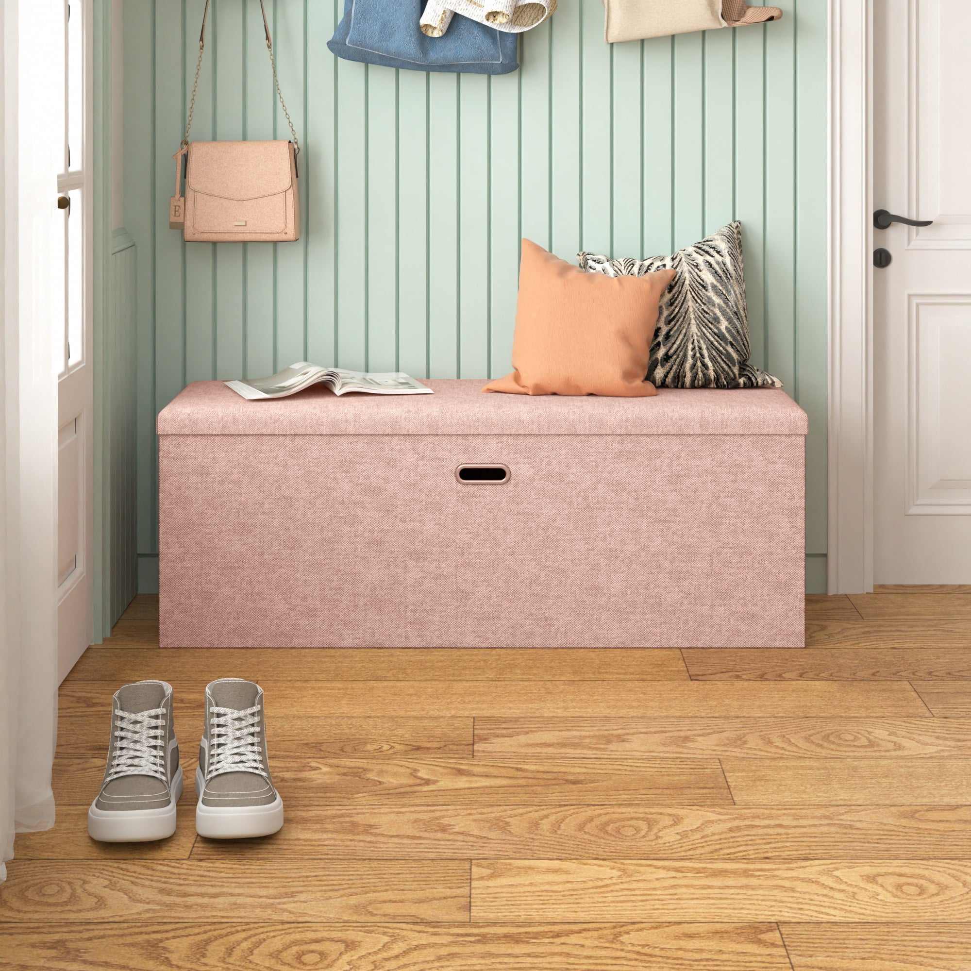 VECELO 43.3"L Ottoman Footrest, Folding Storage Ottoman Seat, Linen ...