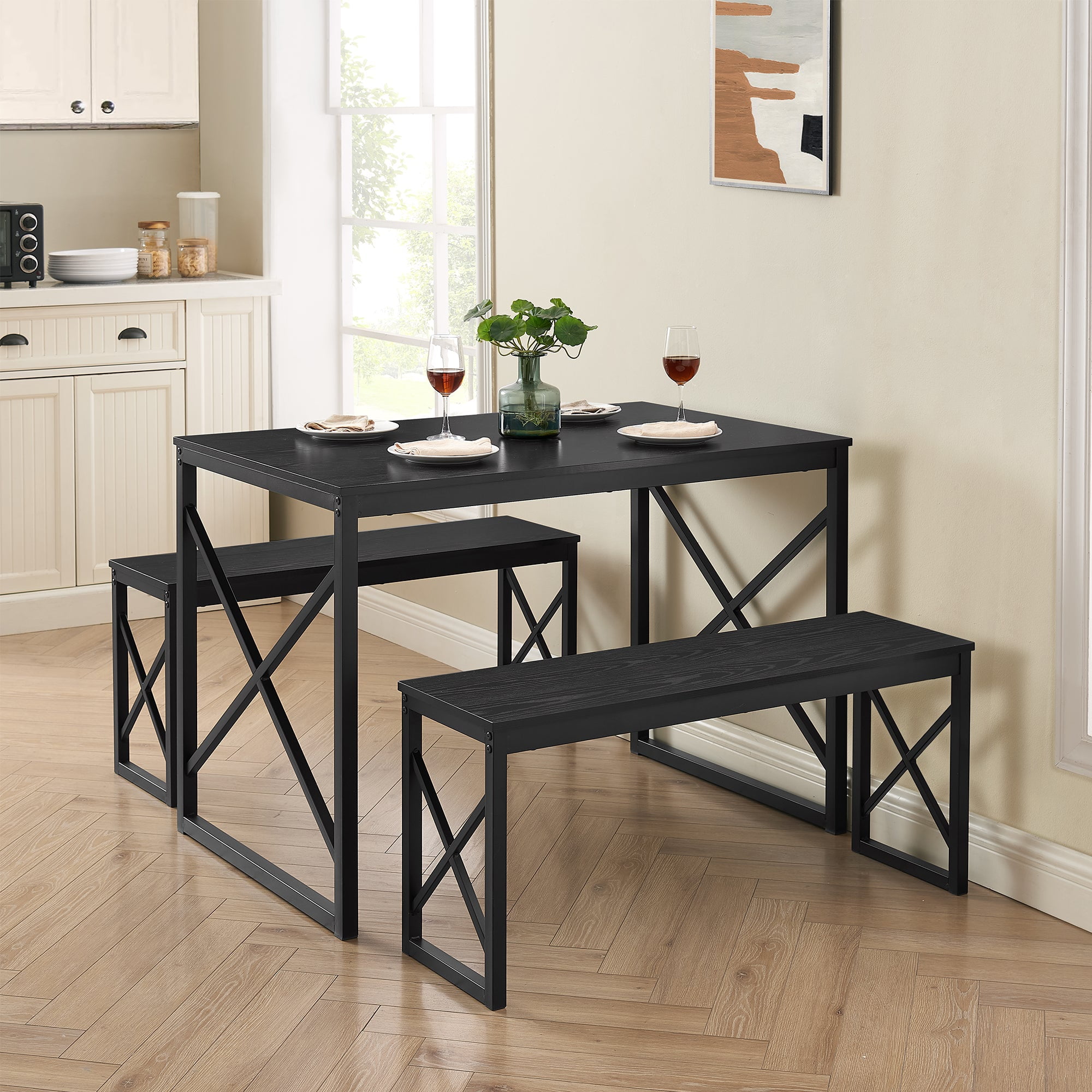 VECELO 43.3" Modern 3-Piece Dining/Kitchen Table Set with 2 Benches ...