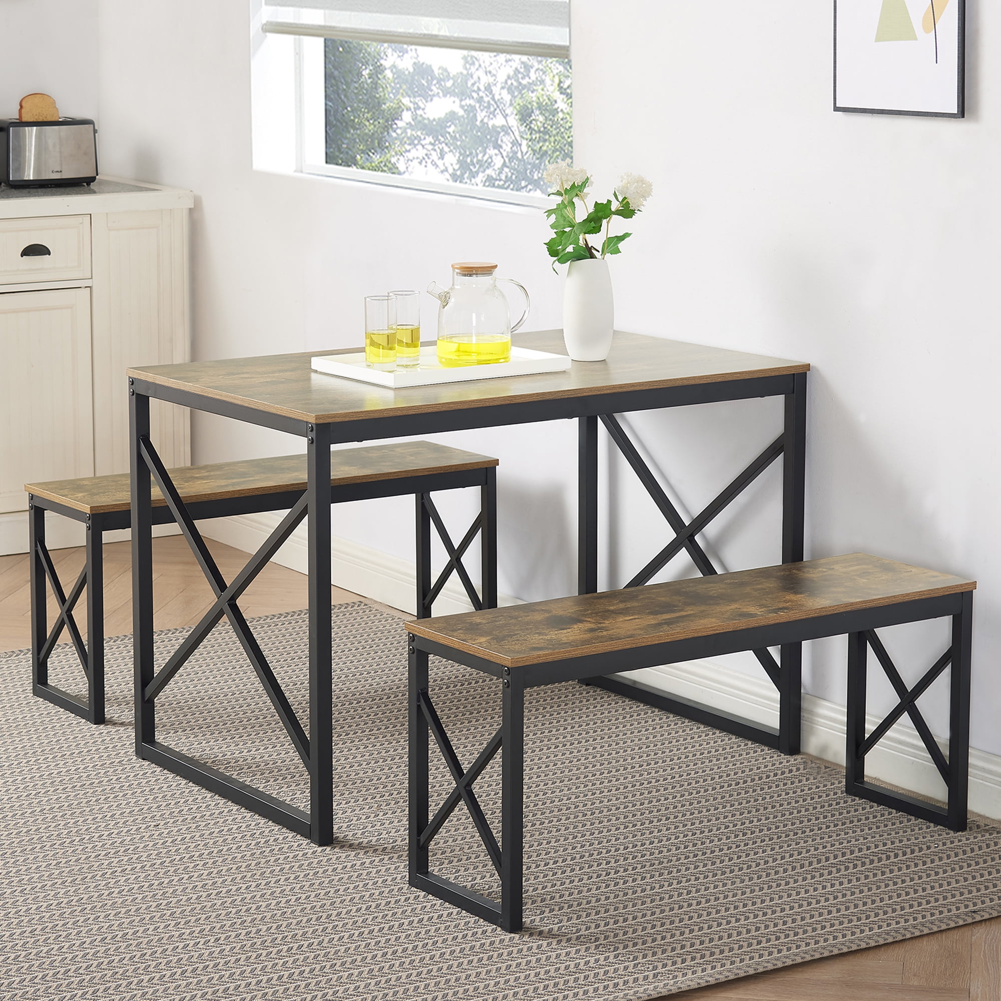 VECELO 3-Piece Dining Set, 43.3" Modern Design, 2 Benches, Metal Frame ...