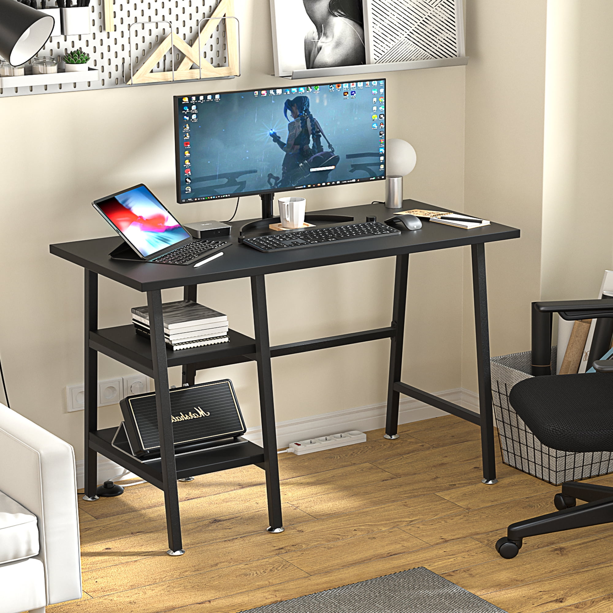 Wooden School Desktop VECELO 43" Desk With 2 Tier Shelves, Home Office