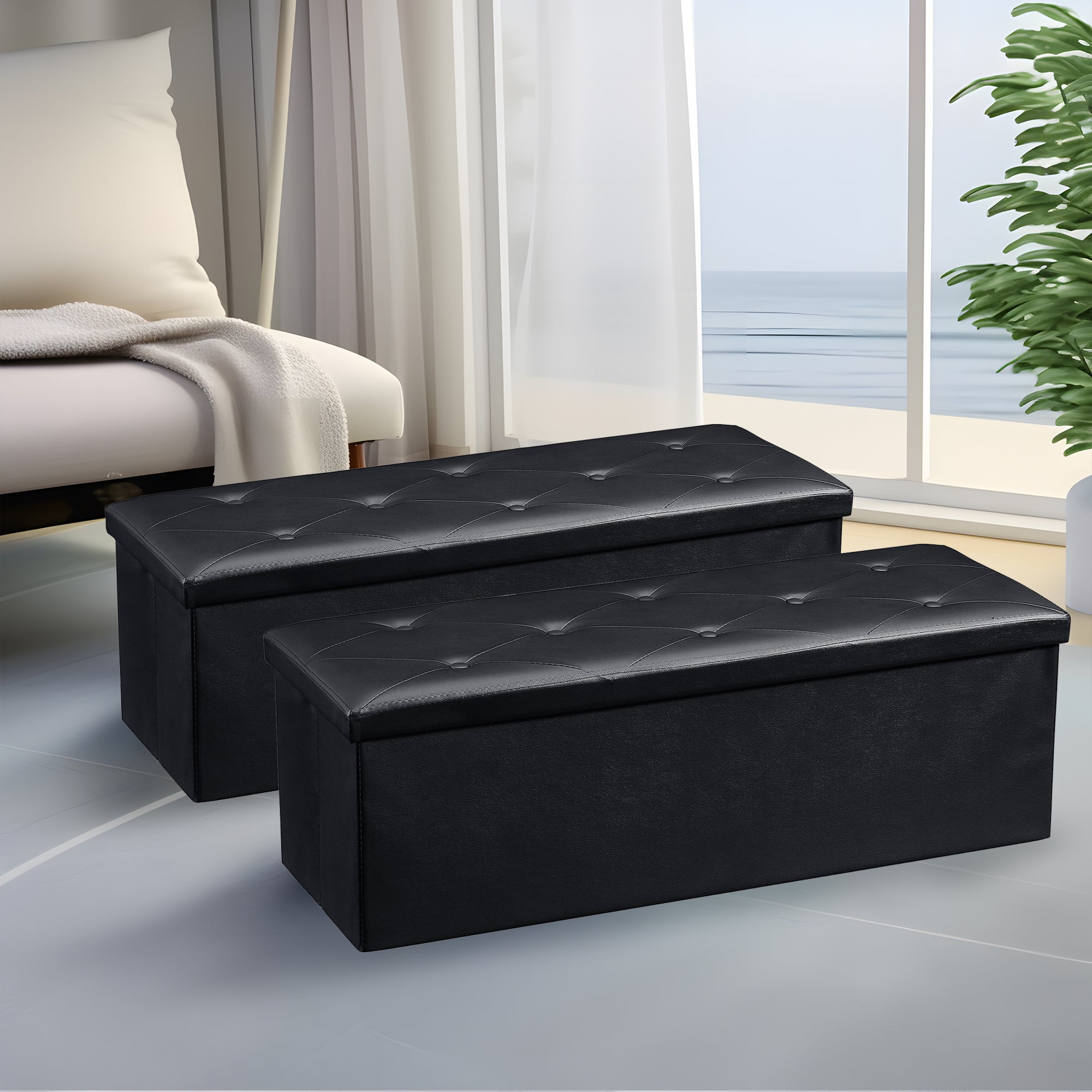 VECELO 43" Folding Storage Ottoman Bench, Set of 2, Faux Leather ...