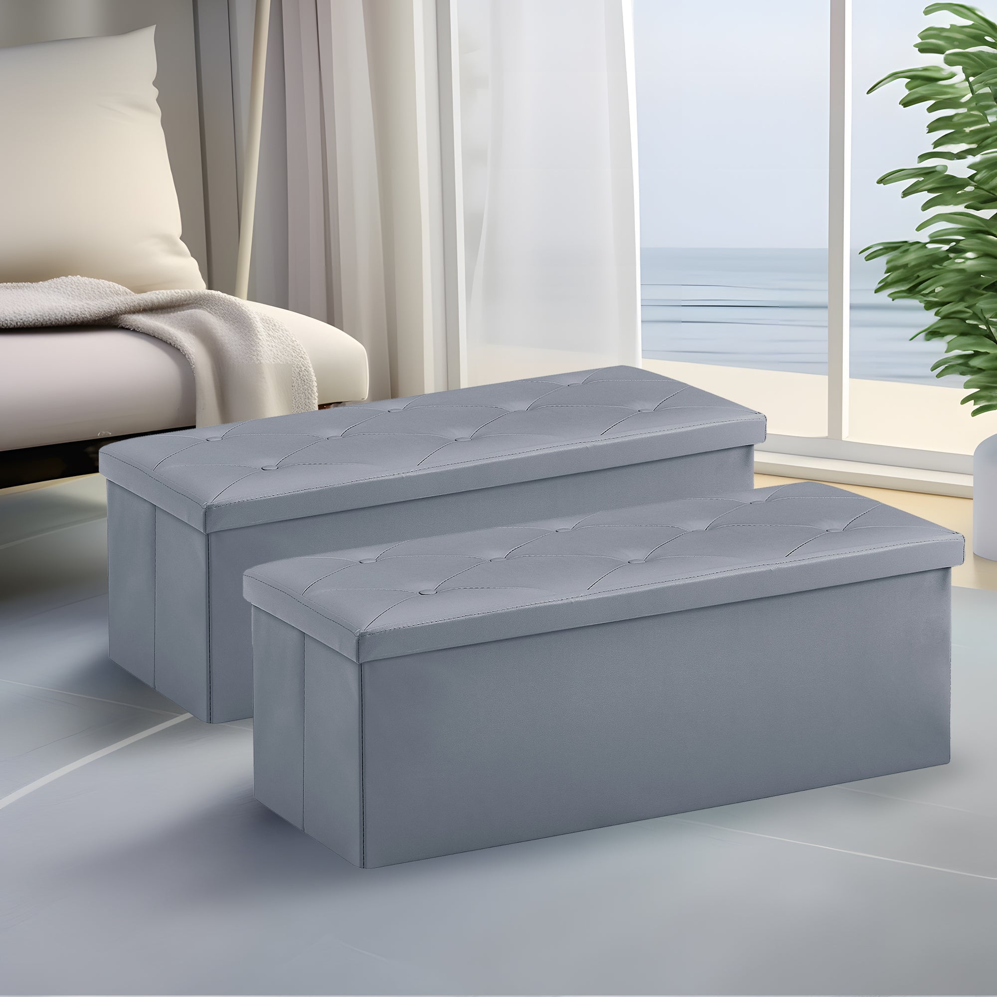 VECELO 43" Folding Storage Ottoman Bench, Set of 2, Faux Leather ...