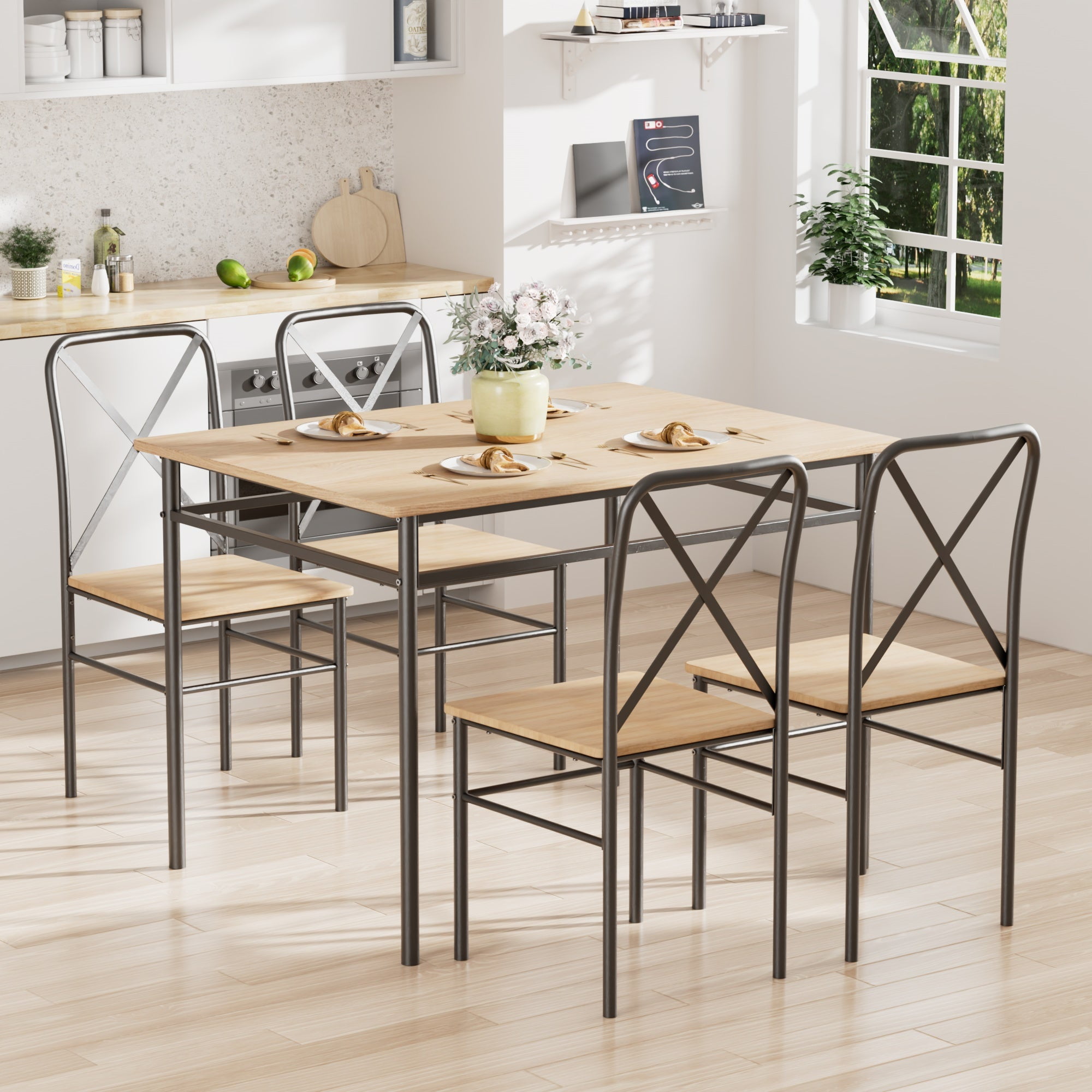 VECELO 5-Piece Dining Table Set with 4 Chairs, Modern Wood Kitchen ...