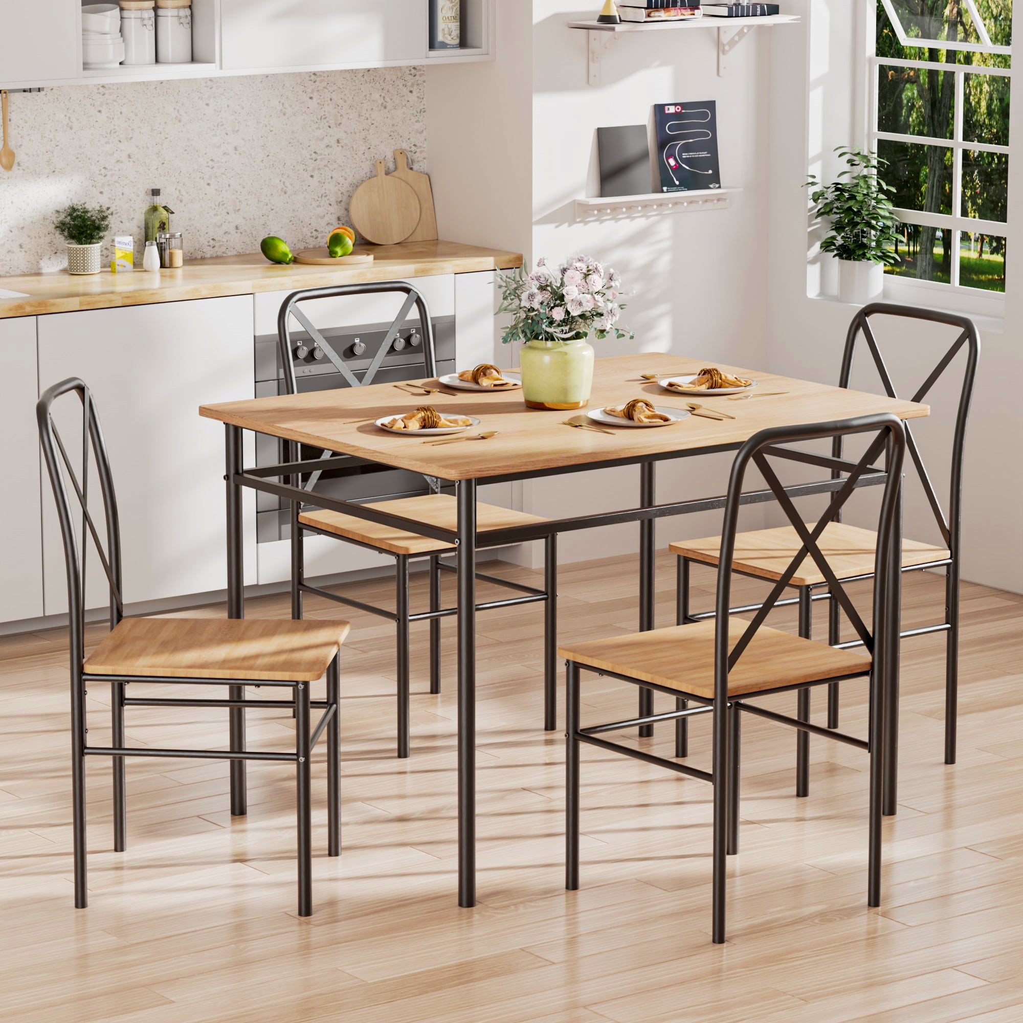 VECELO 5-Piece Dining Table Set with 4 Chairs, Modern Wood Kitchen ...
