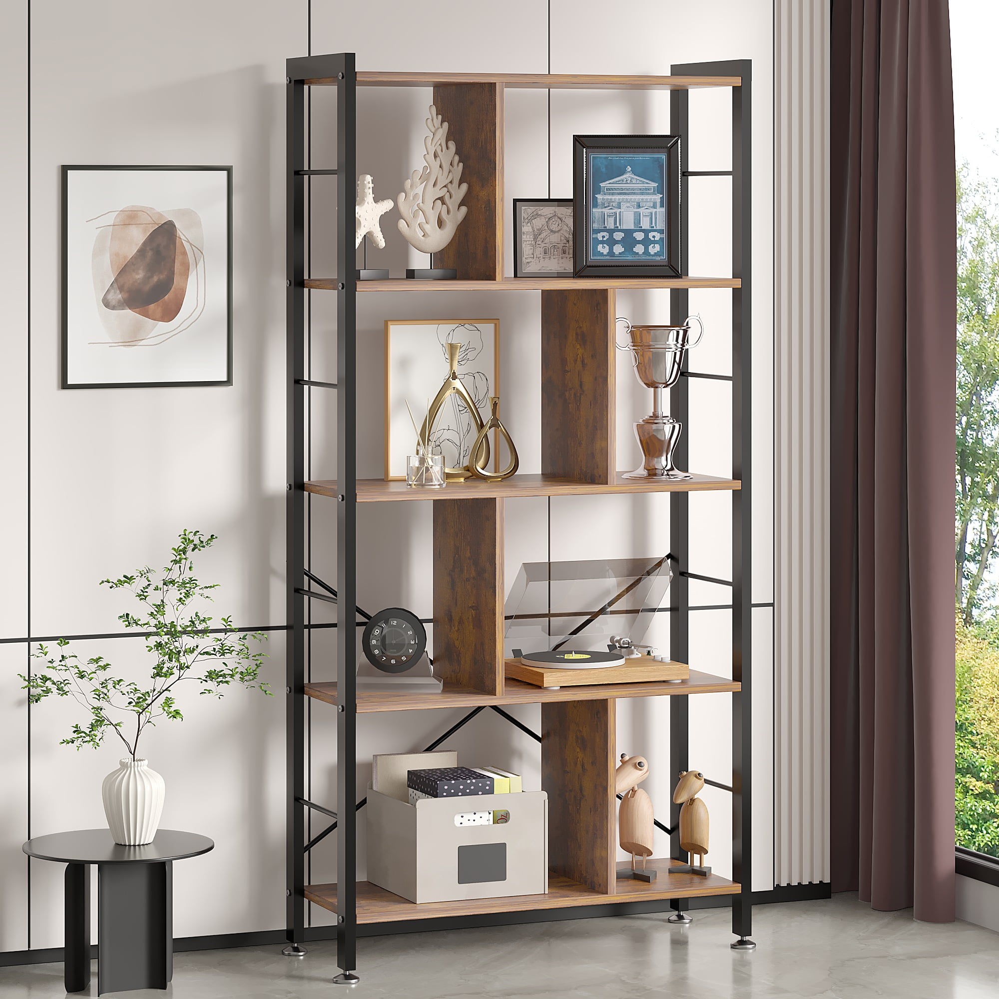 VECELO 5-Tier Bookshelf Bookcase, School Industrial Wood Metal ...