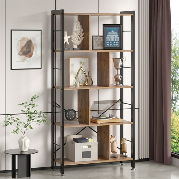 VECELO 5-Tier Bookshelf Bookcase, School Industrial Wood Metal ...