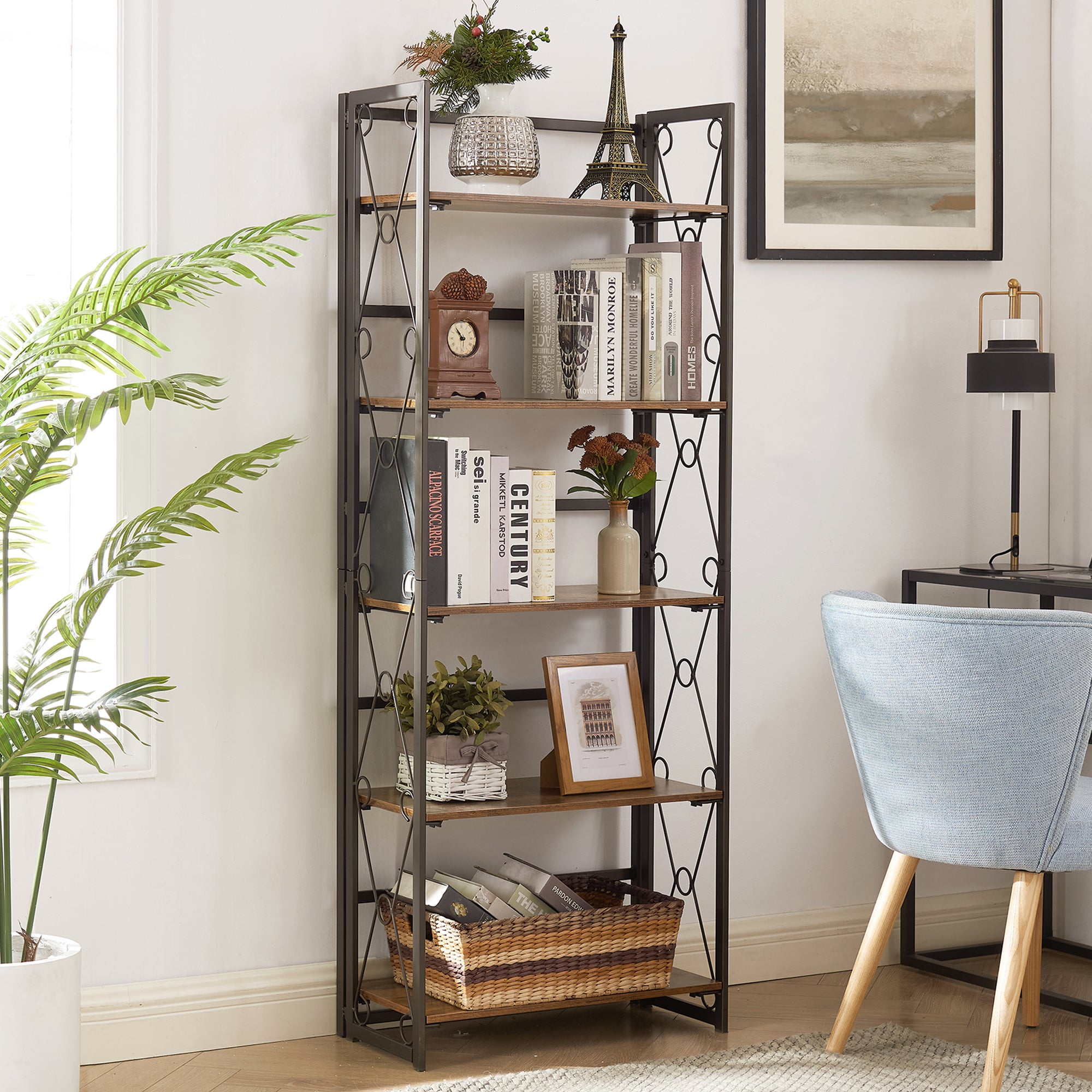 VECELO 5-Tier Folding Bookcase, Wooden Bookshelf with Metal Frame ...
