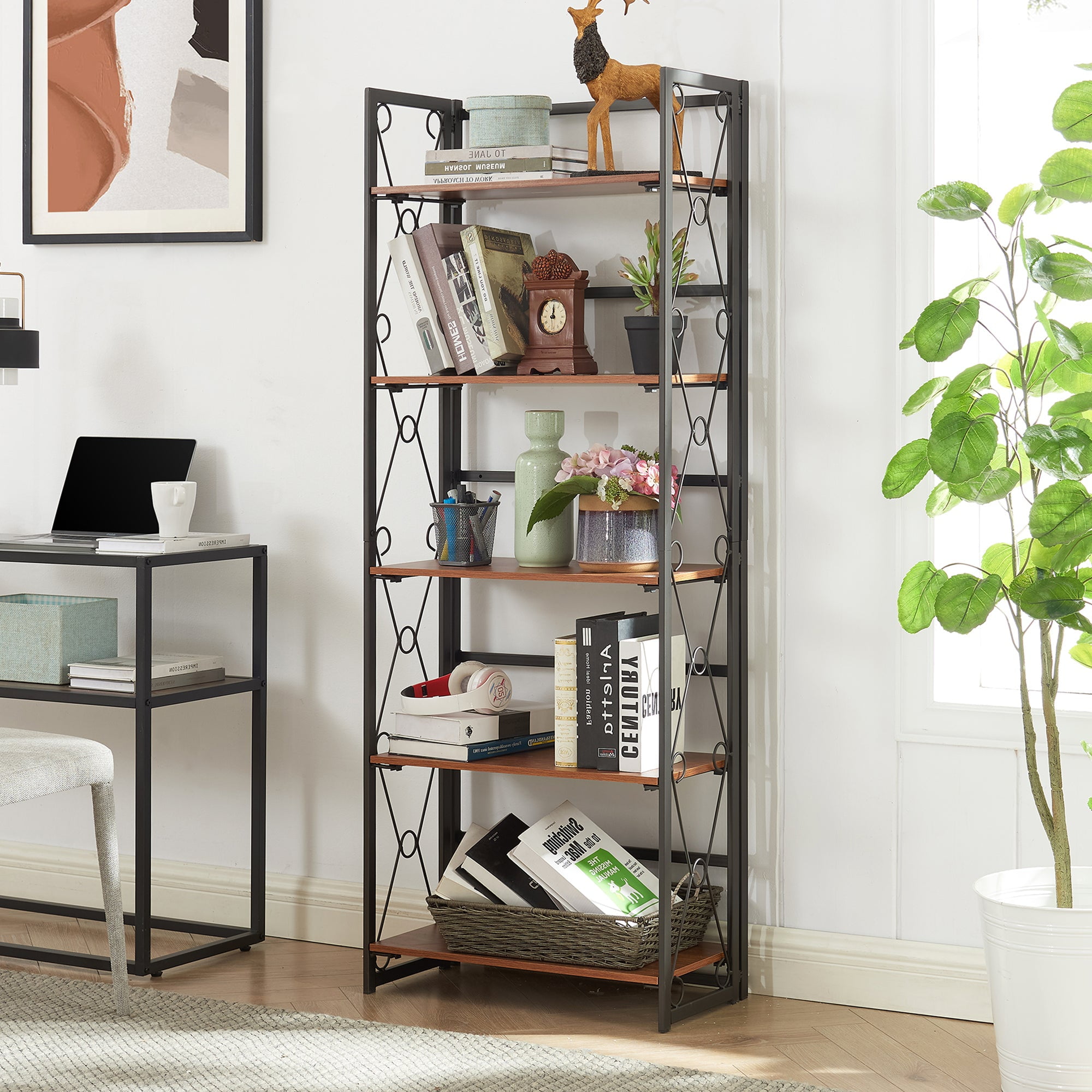 VECELO 5-Tier Wooden Bookshelf with Metal Frame, Home & Office Storage ...