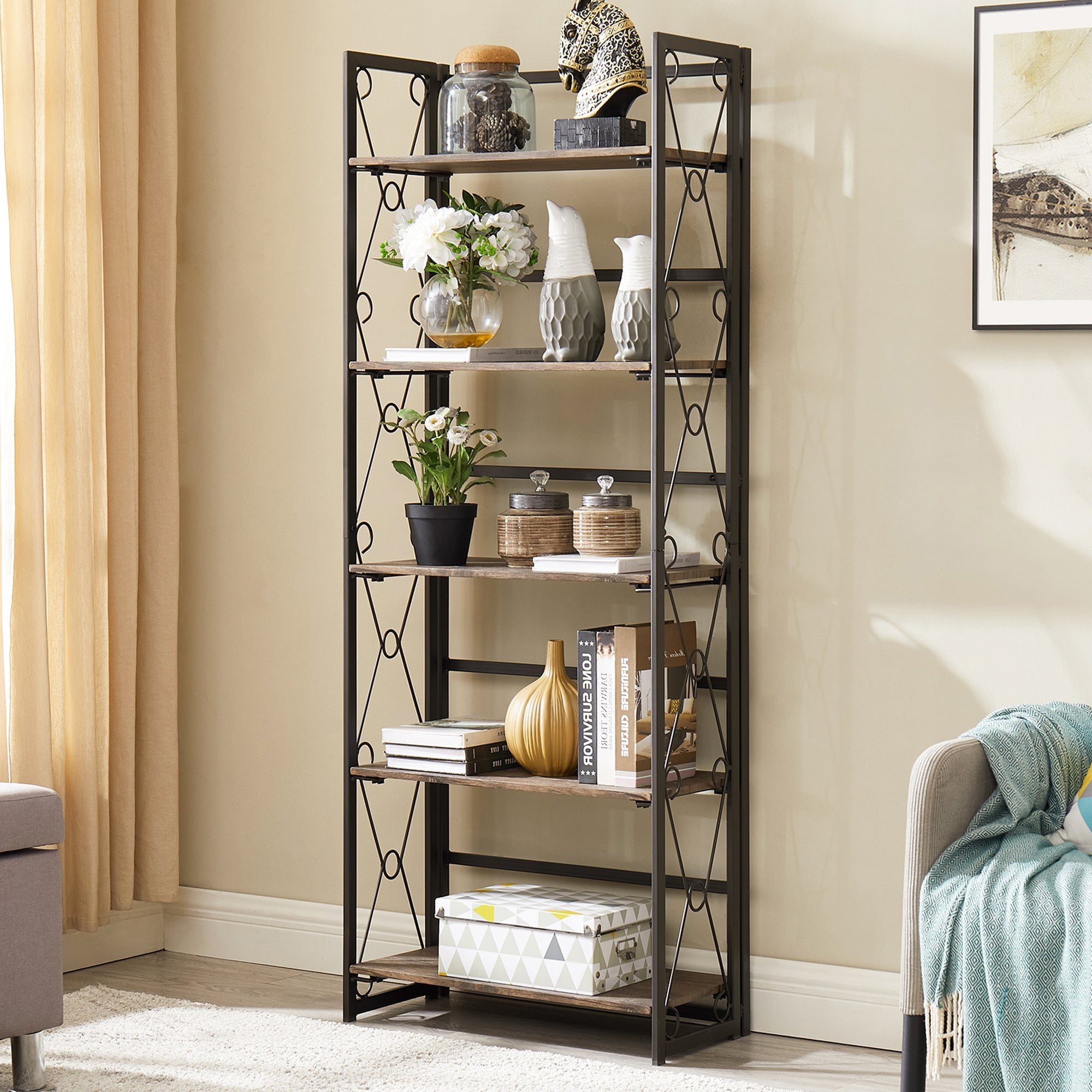 VECELO 5-Tier Folding Bookcase Storage Organizer, Wooden Bookshelf with ...